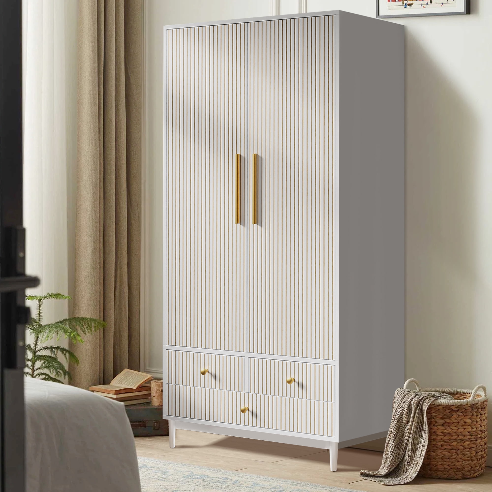 IQCNGVX Armoire Wardrobe Closet with 2 Fluted Doors, Wooden Clothes ...