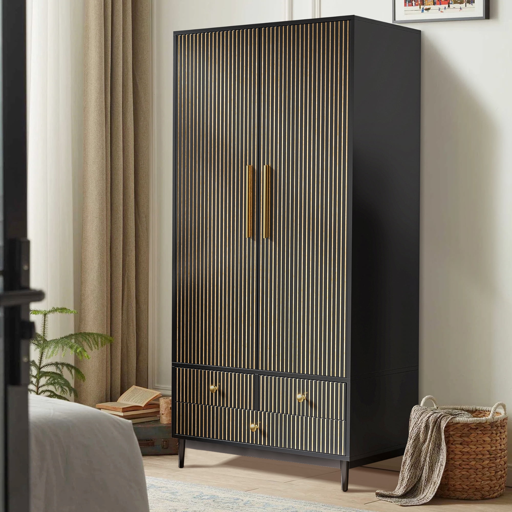 IQCNGVX Armoire Wardrobe Closet with 2 Fluted Doors, Wooden Clothes ...
