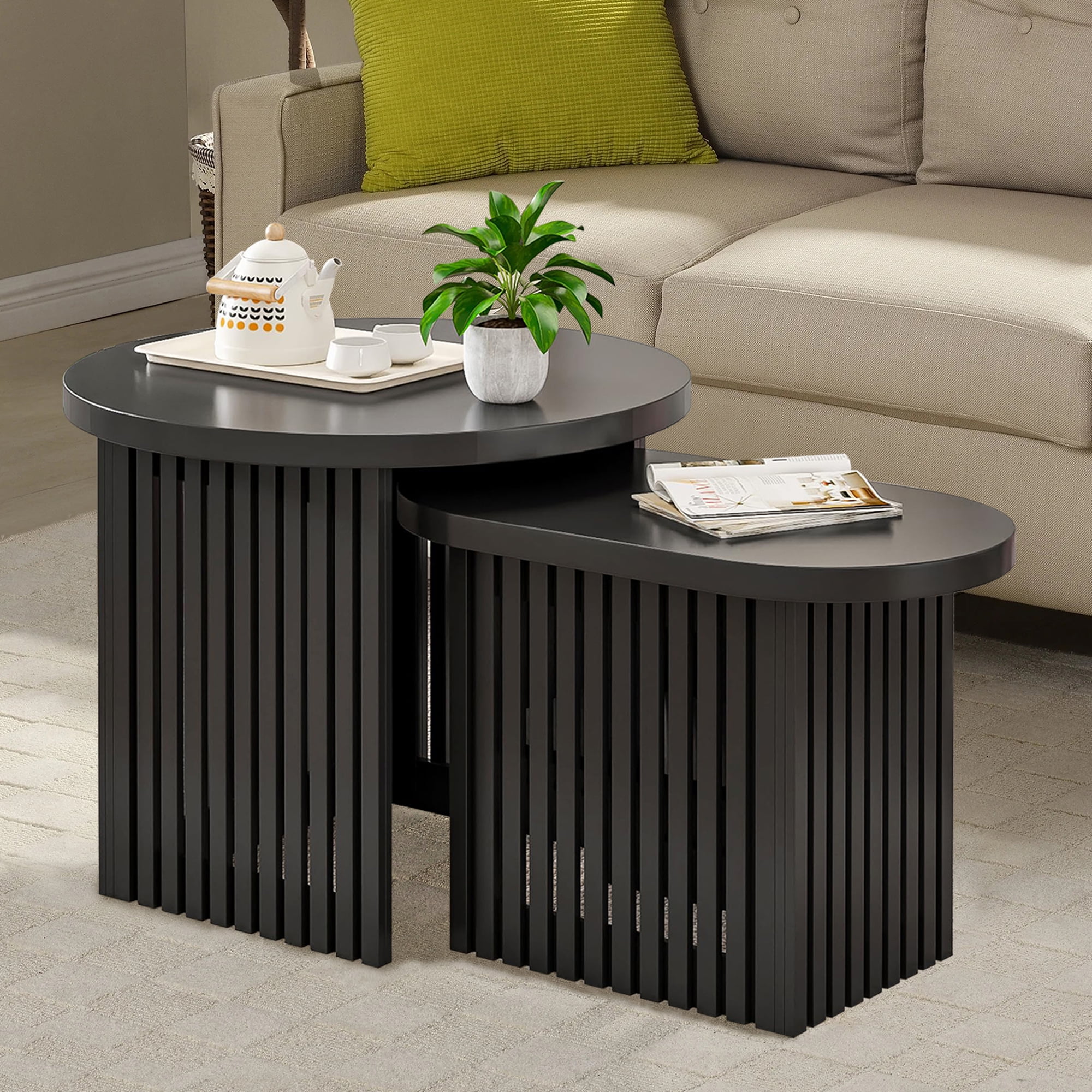 IQCNGVX Wood Round Coffee Table, Nesting Coffee Table Set of 2, Modern ...