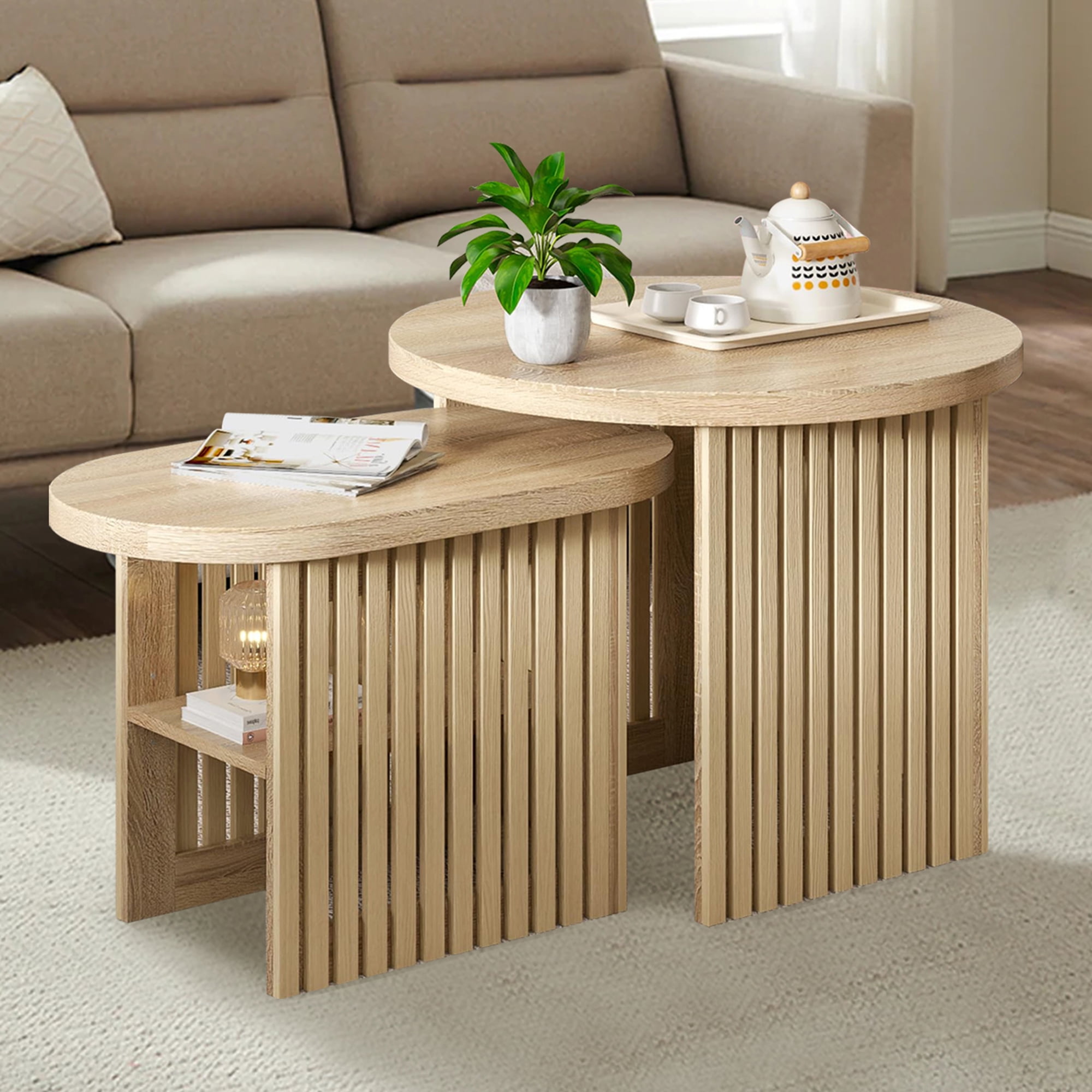 IQCNGVX Wood Round Coffee Table, Nesting Coffee Table Set of 2, Modern ...