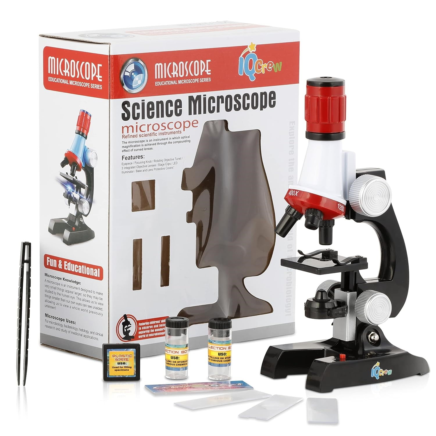 IQCREW ETXWJ04 100X-1200X LED Kids Beginner Microscope Toy Set + Slides ...
