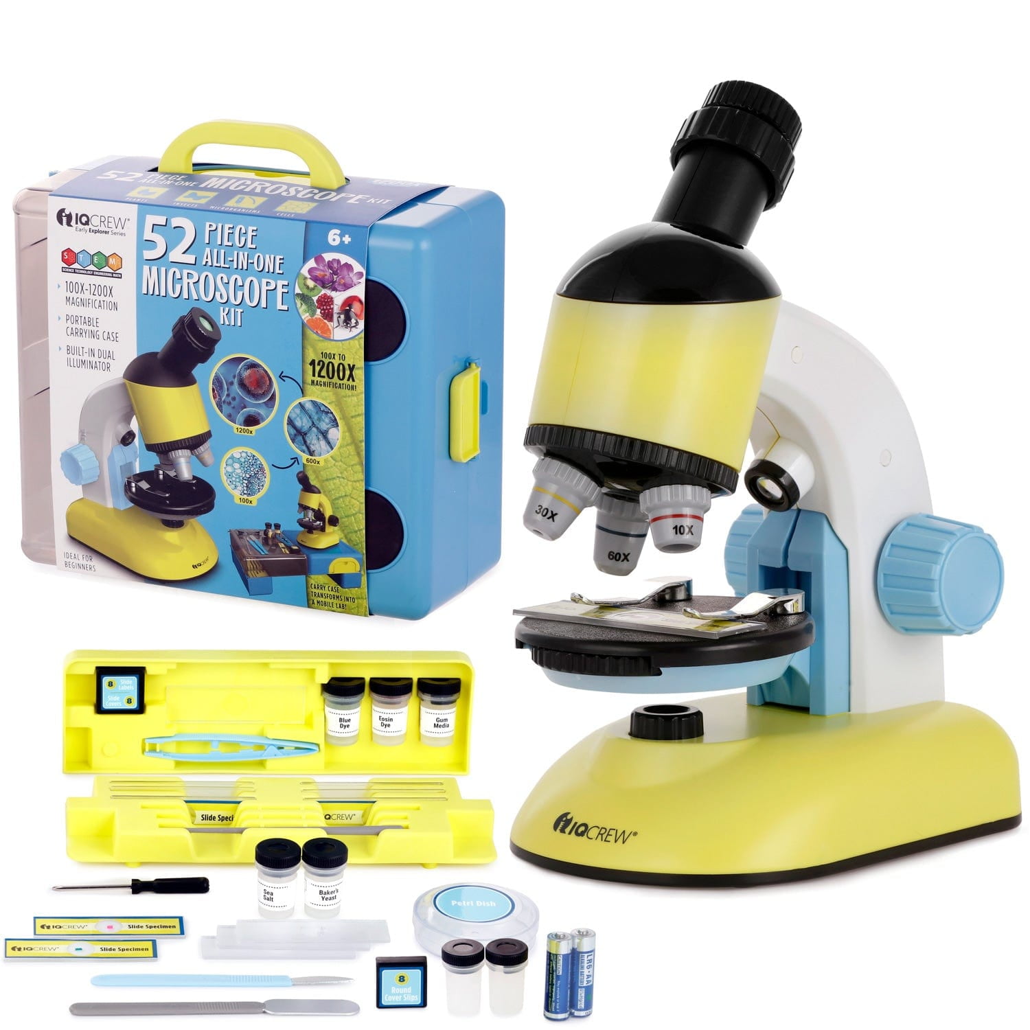 IQCREW by AmScope 52 Pc All-in-One Kids Microscope Kit -2 LED Lights ...