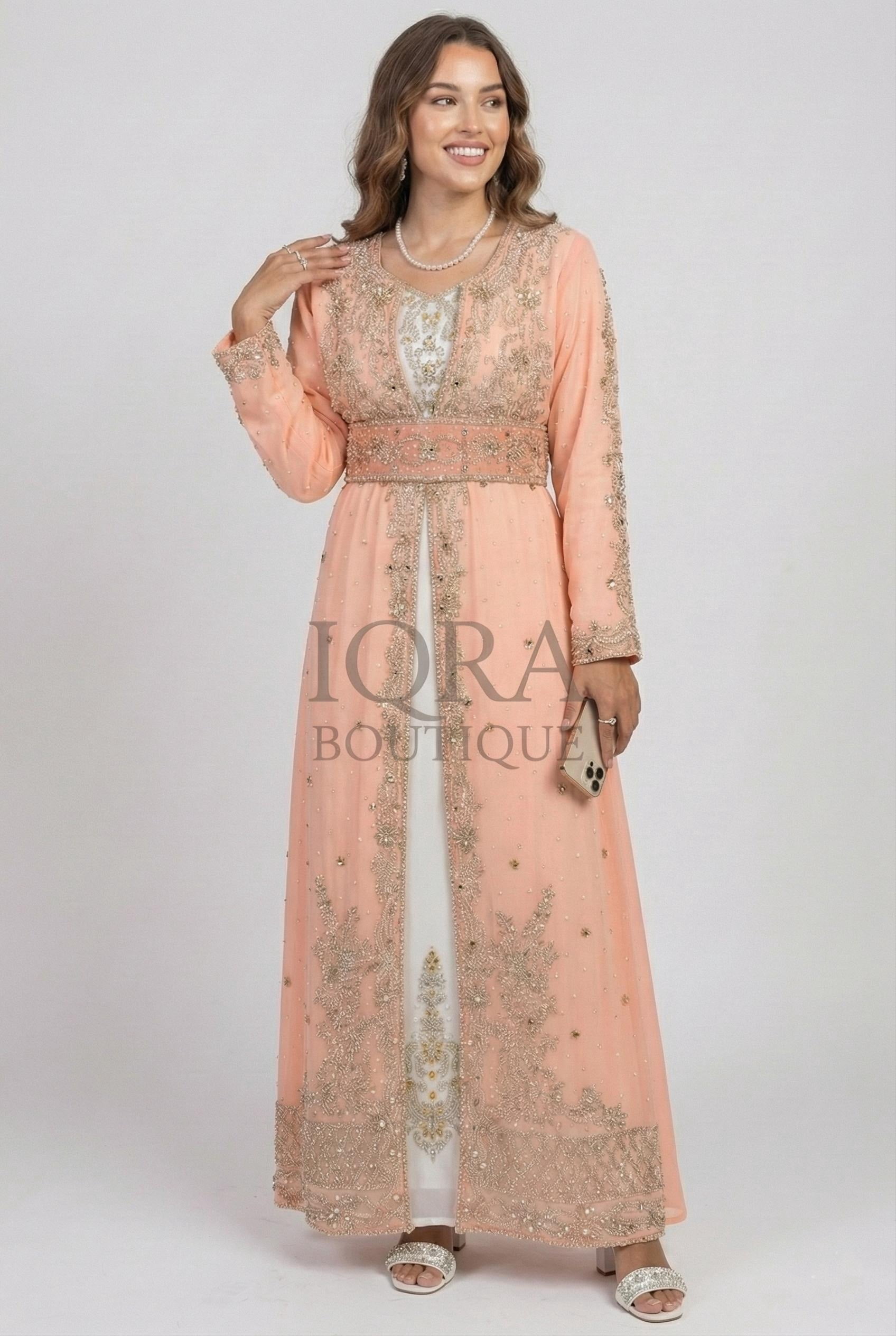 IQRA Boutique Peach Embellished Kaftan Dress, Beaded Floral Maxi Gown ...