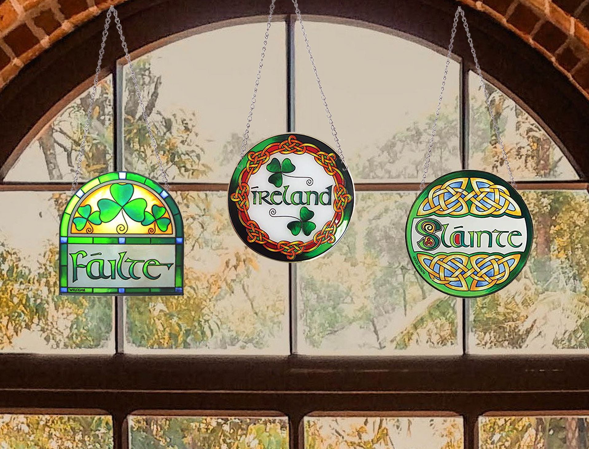 IRELAND FAILTE SLAINTE Set of 3 Stained Glass Panels Window Hanging ...