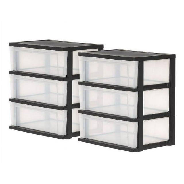 IRIS USA Large 3-Drawer Wide Plastic Storage Dresser, Black, Set of 2 ...