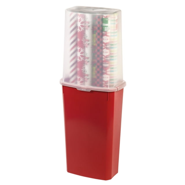 IRIS USA 40" 20 Rolls Wrapping Paper Storage Box Container, Clear/Red ...