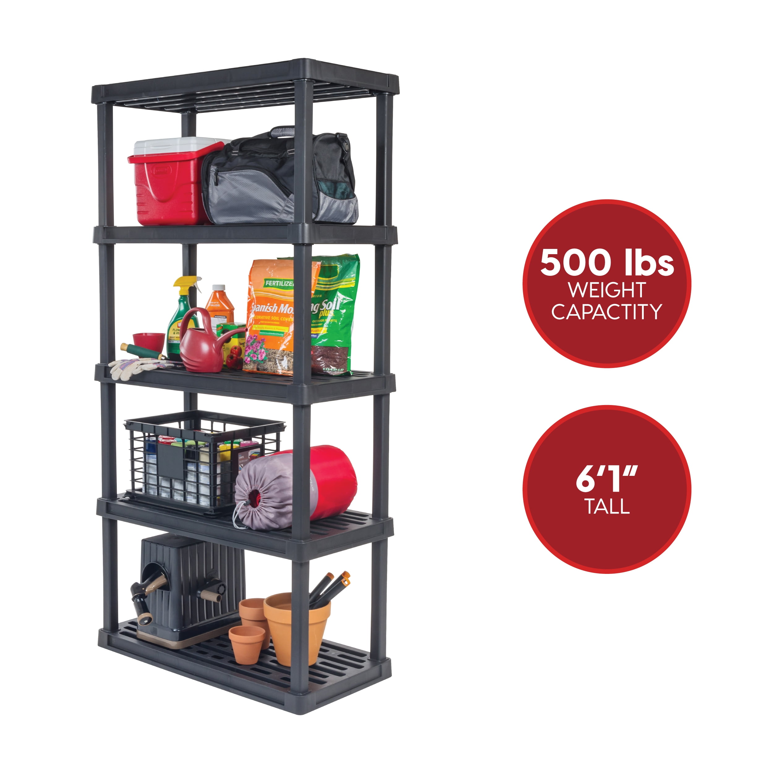 IRIS USA, 5-Tier Plastic Storage Shelves, 73" H x 17" W x 35" D, 500 Lb ...