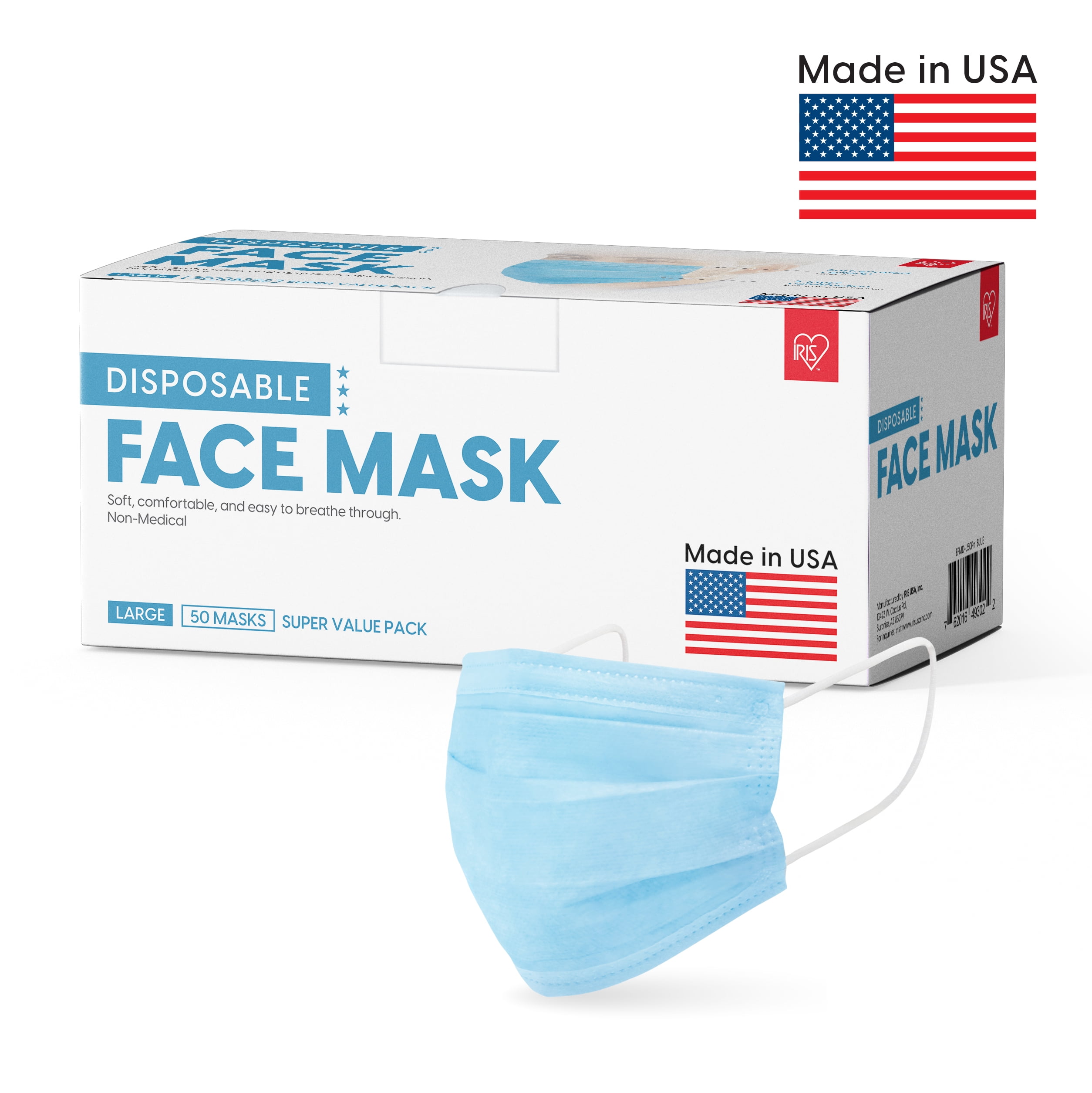IRIS USA 50ct Disposable Premium 3Ply Face Masks, Blue - Walmart.com