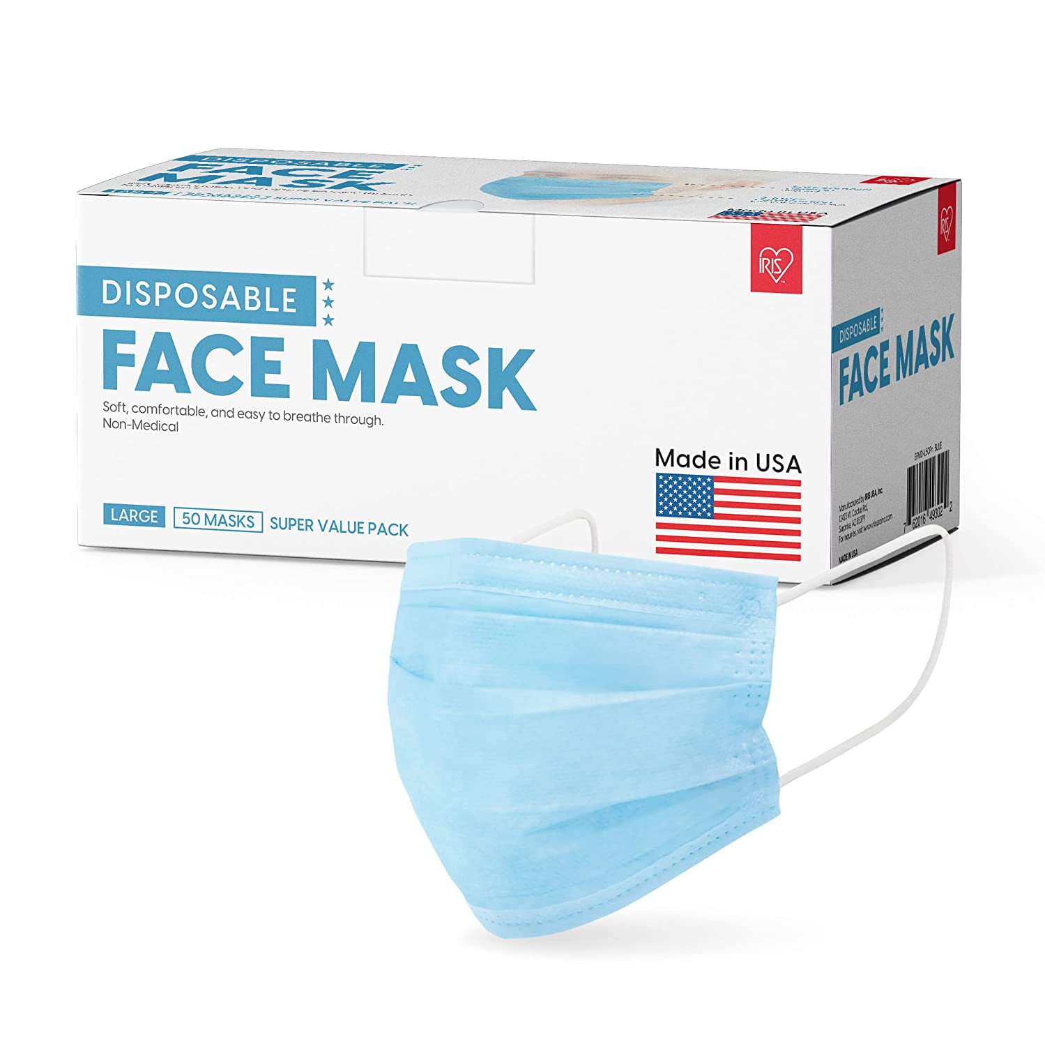 IRIS USA 50ct Disposable Premium 3Ply Face Masks, Blue - Walmart.com