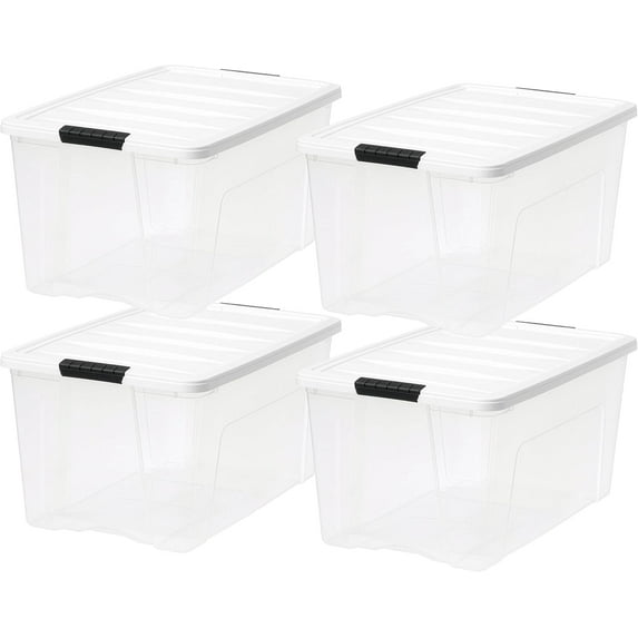 IRIS USA 72 Qt Stackable Plastic Storage Bins with Lids, Clear, 4Pk ...