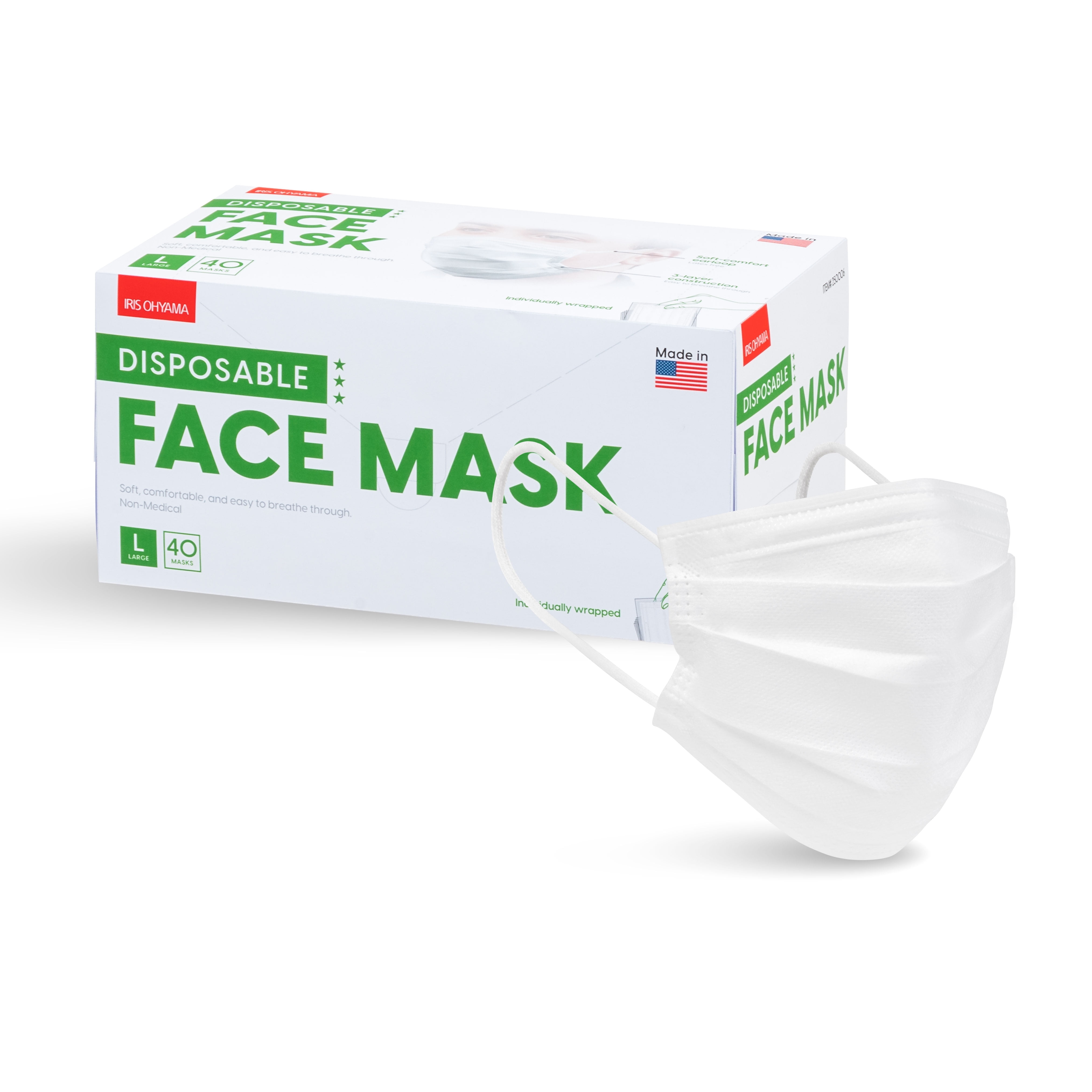 IRIS USA Individually Wrapped 40-Piece Earloop Face Mask, Made in USA ...