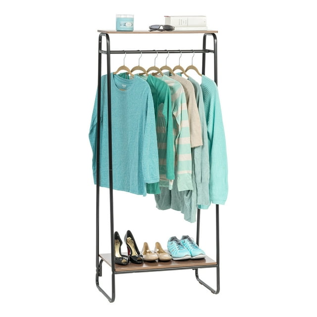 IRIS USA Metal Garment Rack with 2 Wood Shelves, Black and Dark Brown ...
