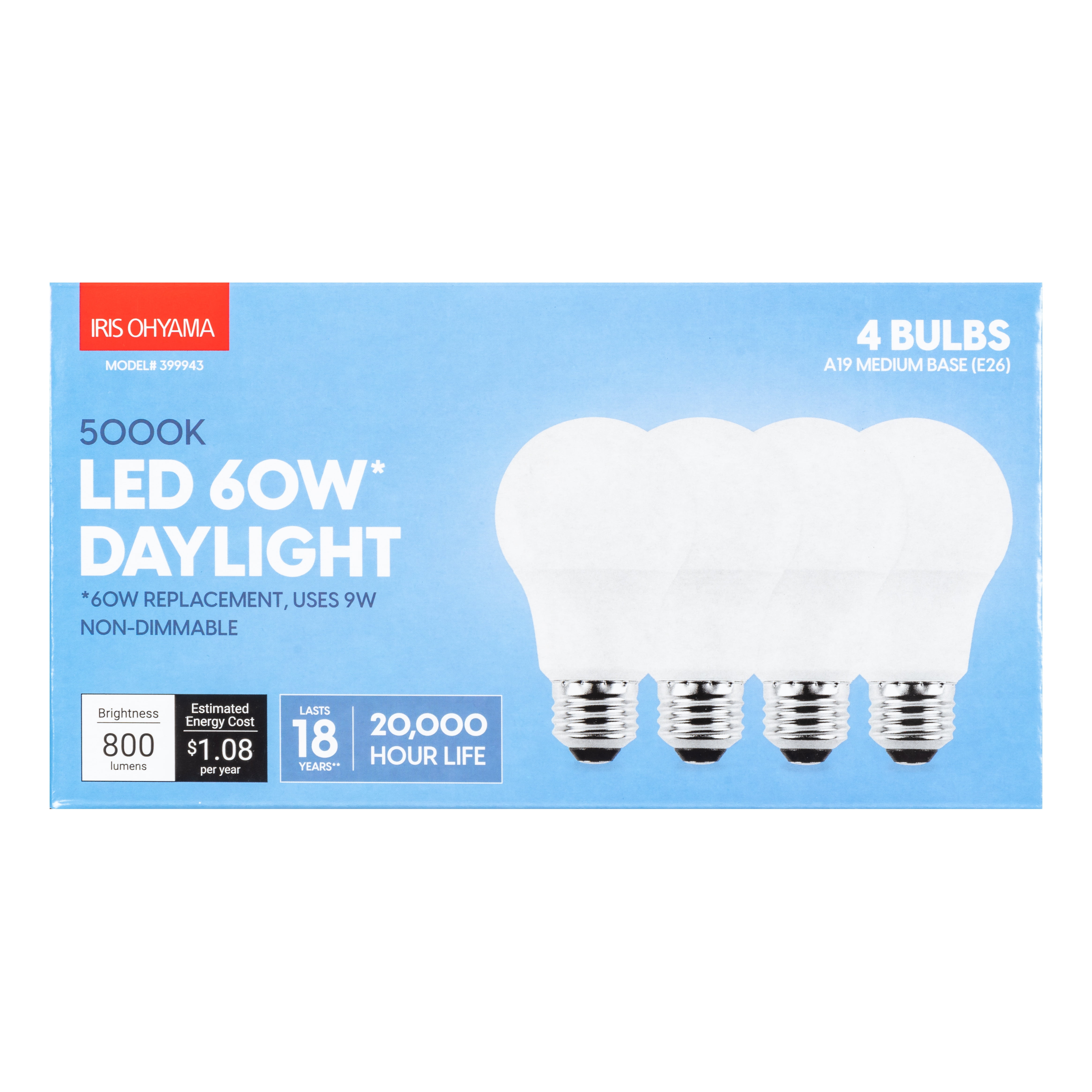 IRIS USA Non-Dimmable A19 LED Light Bulb with 20,000 Hours (18 Years ...