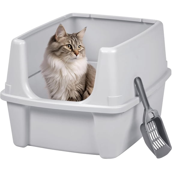 IRIS USA, Large Cat Litter Box, Scatter Shield Scoop, Open Top Silver ...
