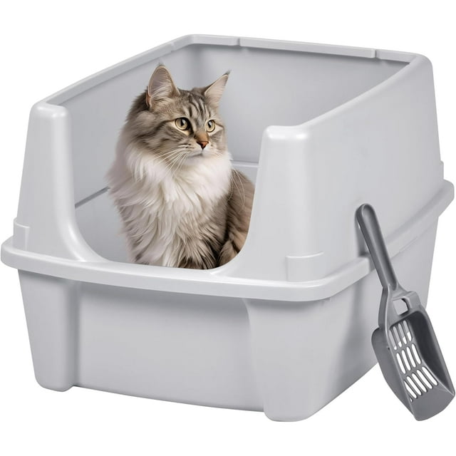IRIS USA Large Cat Litter Box with Scatter Shield and Scoop, Open Top ...