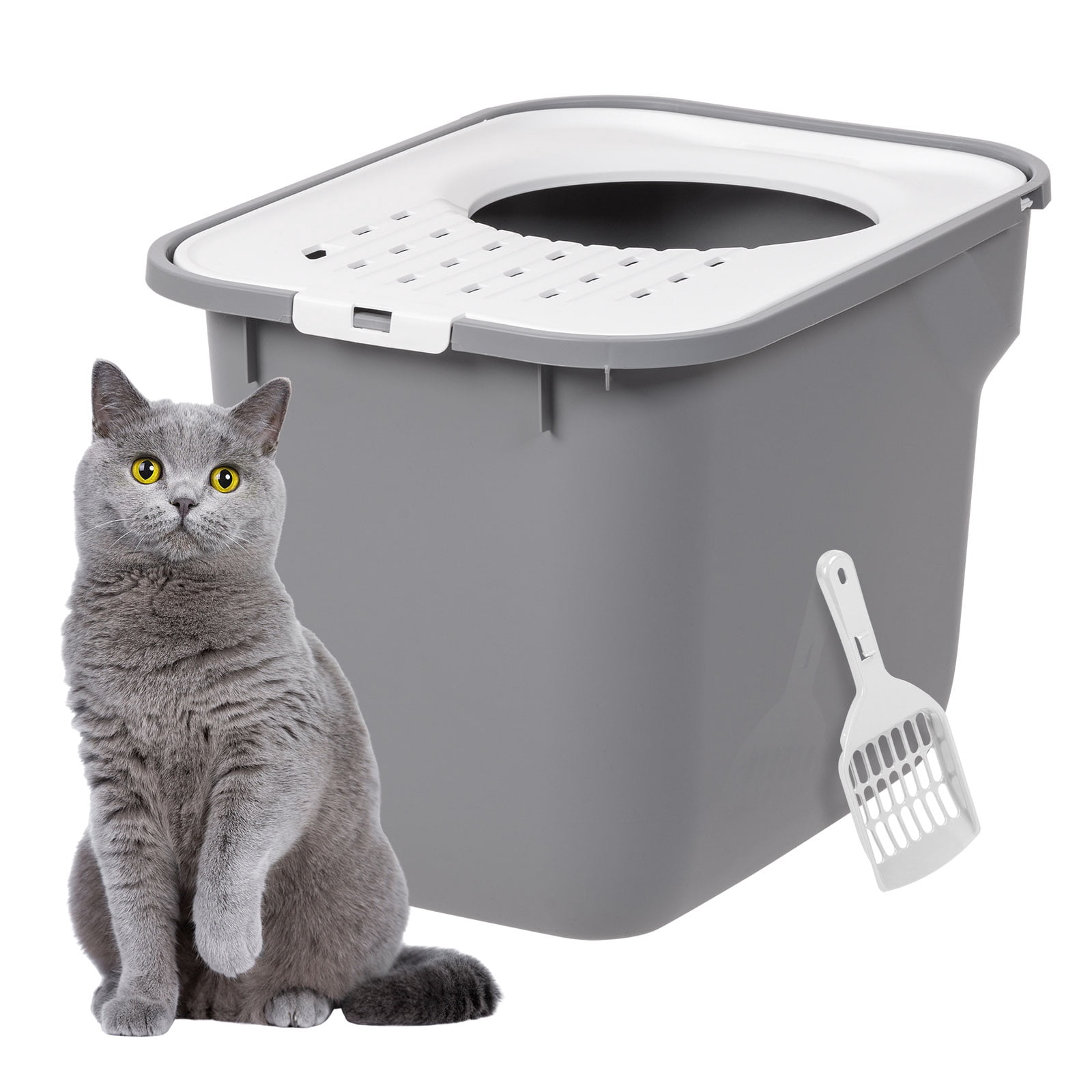IRIS USA, Square Top Entry Cat Litter Box, with Scoop, Gray/White ...