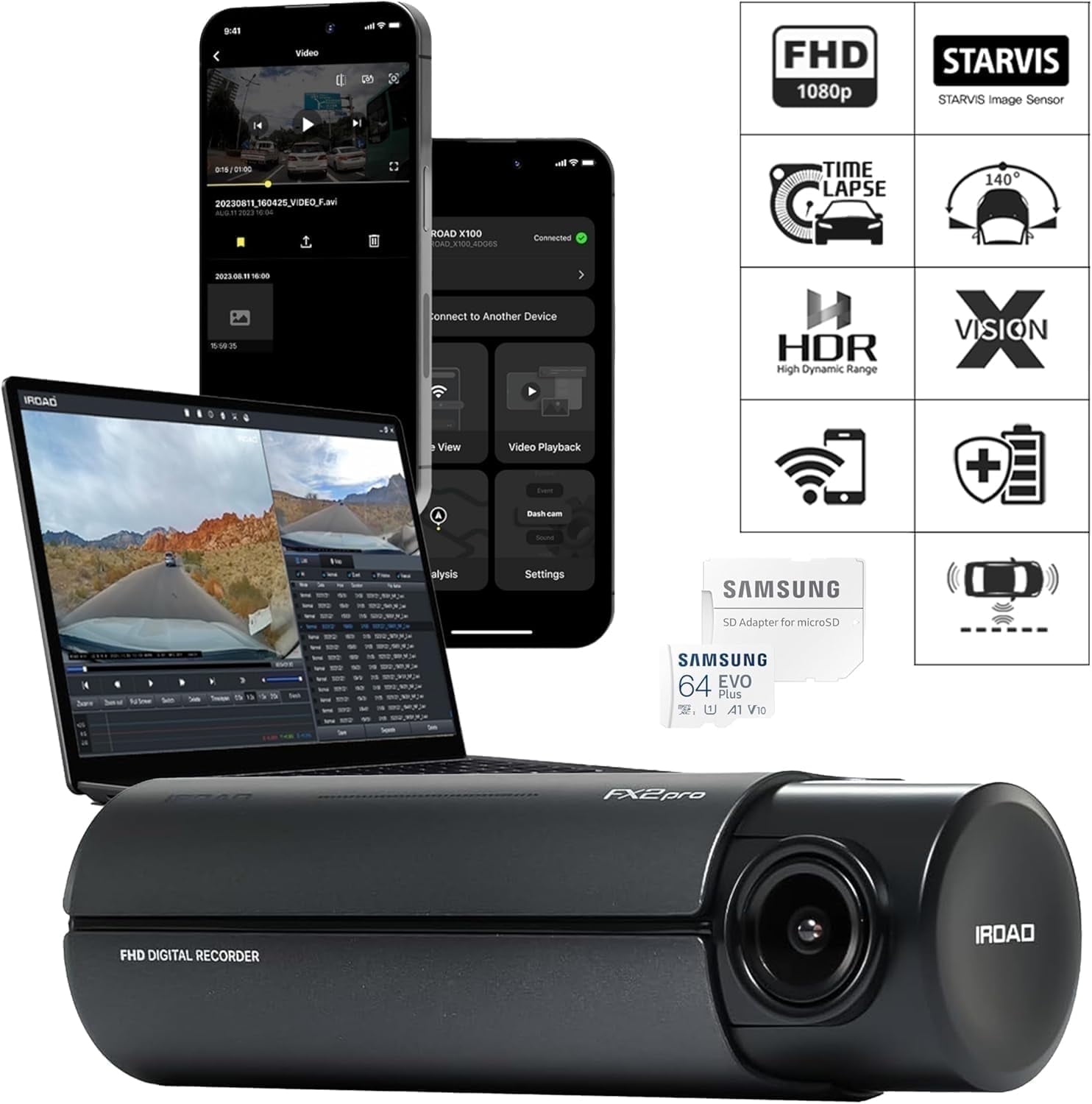 IROAD PRO X2 1CH Dash Cam Full HD 1080P, GPS, Night Vision, Wi-Fi, 64GB ...