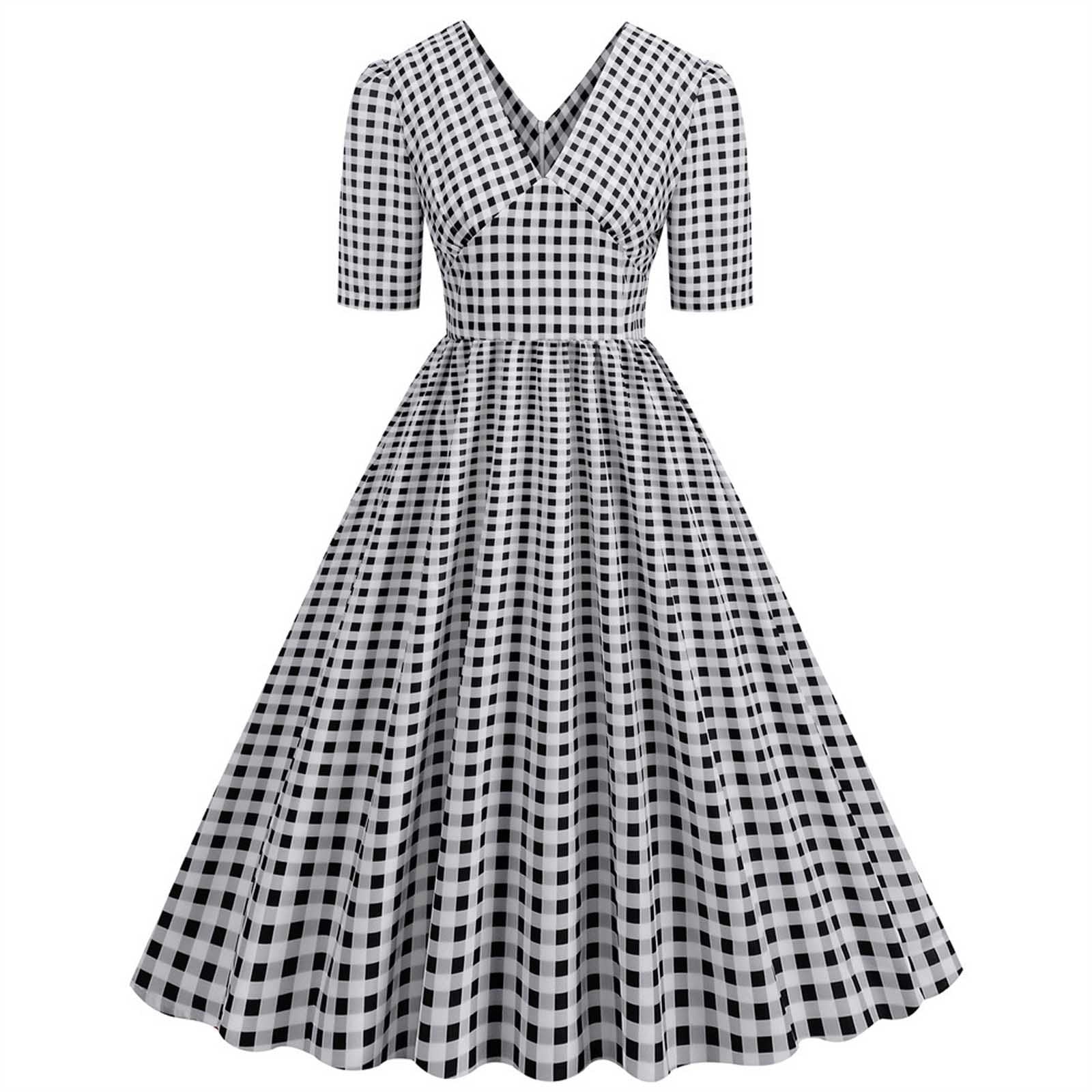 IROINNID A-line Dress For Women Elbow-Length Sleeve Deep-V Neck Dots ...