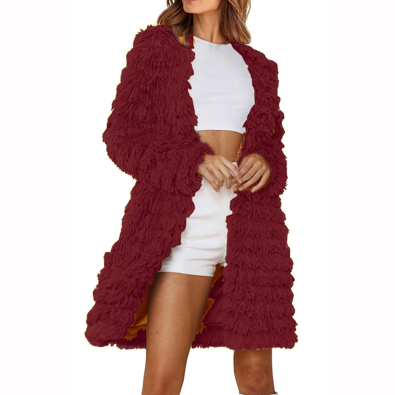 IROINNID Faux Fur Coat for Women Fluffy Mid Length Overcoat Winter Warm ...