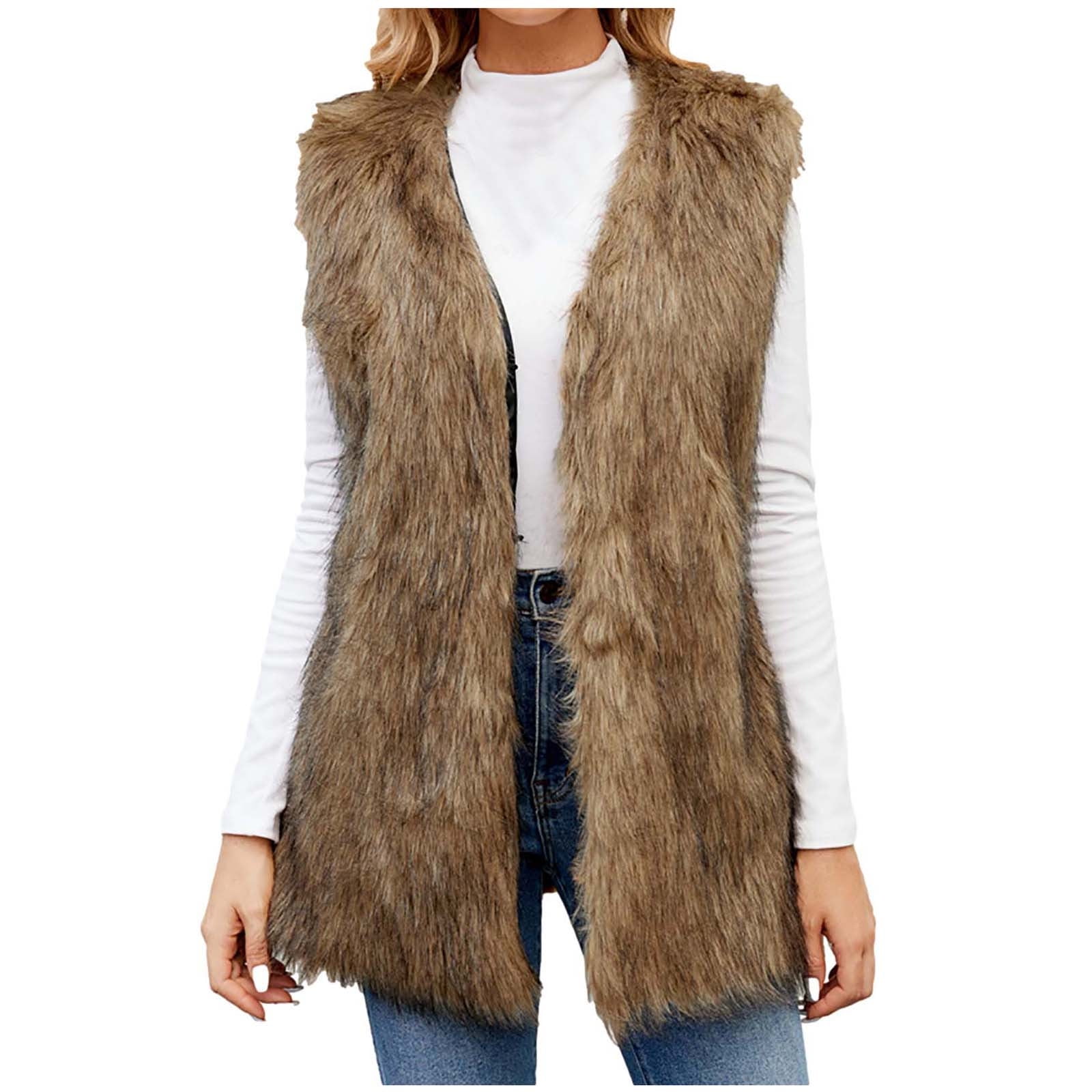 IROINNID Faux Fur Vest for Women Ladies Warm Fluffy Vest Winter Warm ...