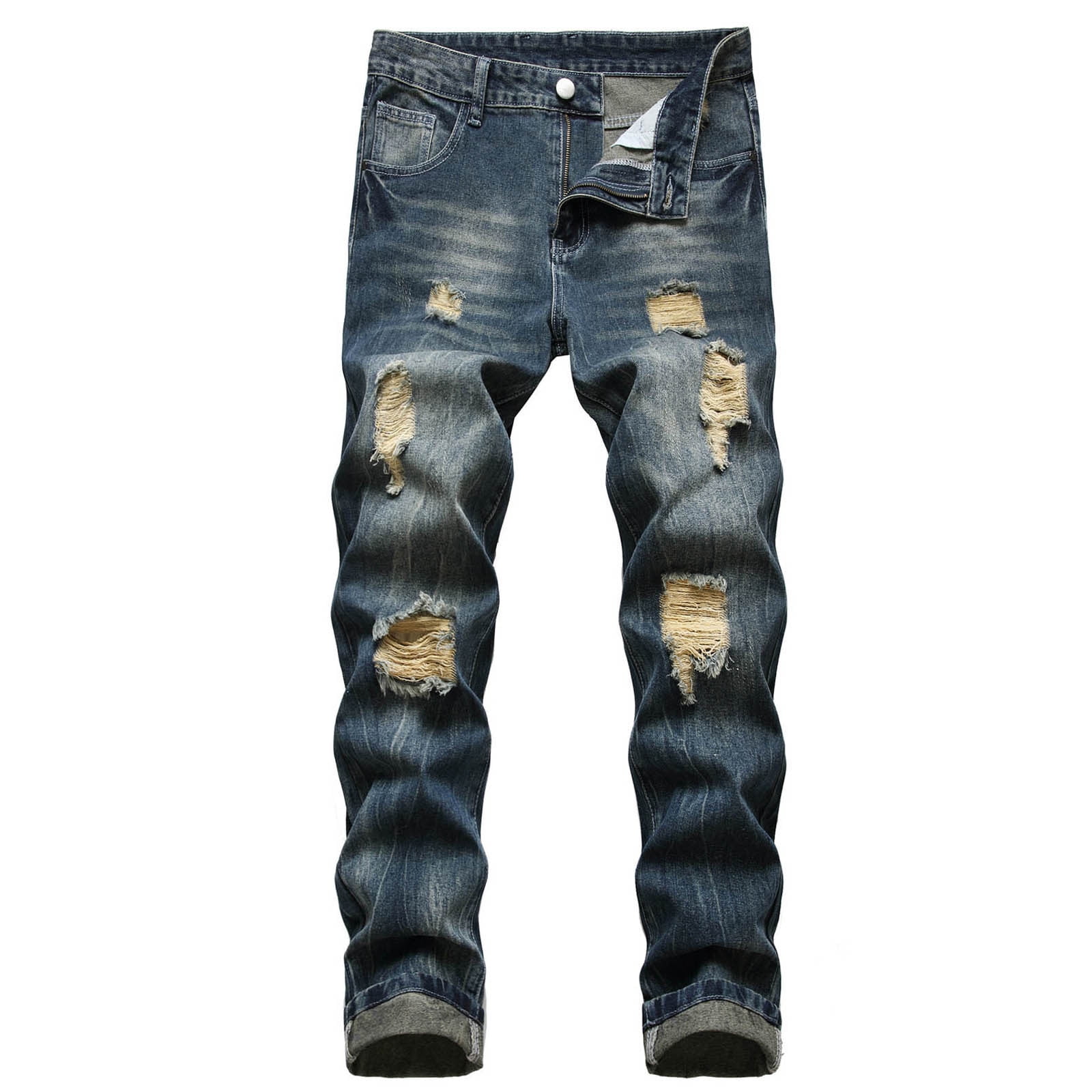 IROINNID Men's Jeans Pants Solid Color Denim Cotton Straight Ripped ...