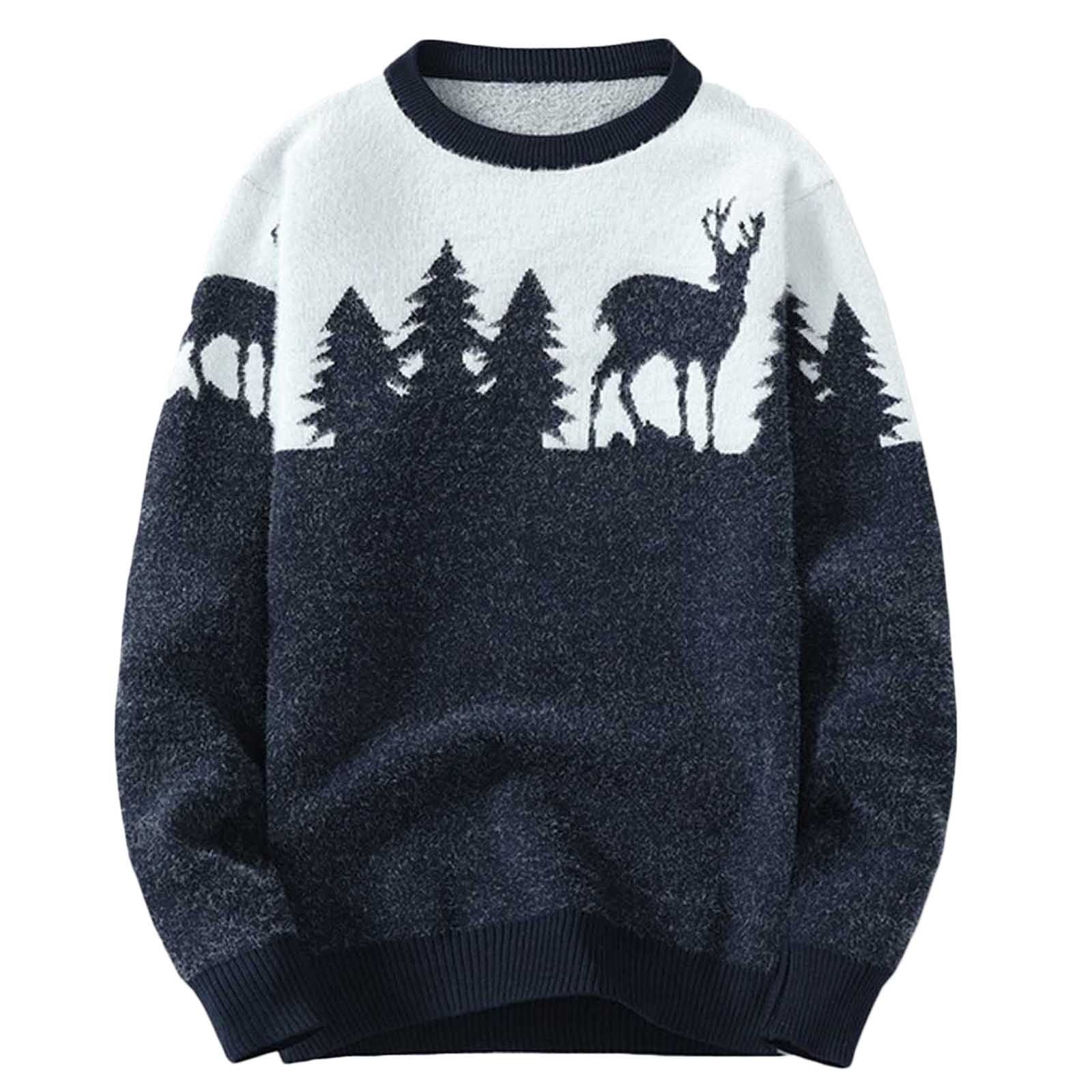 IROINNID Men's Sweater Round Neck Long Sleeve Jumper Mid-Length Graphic ...