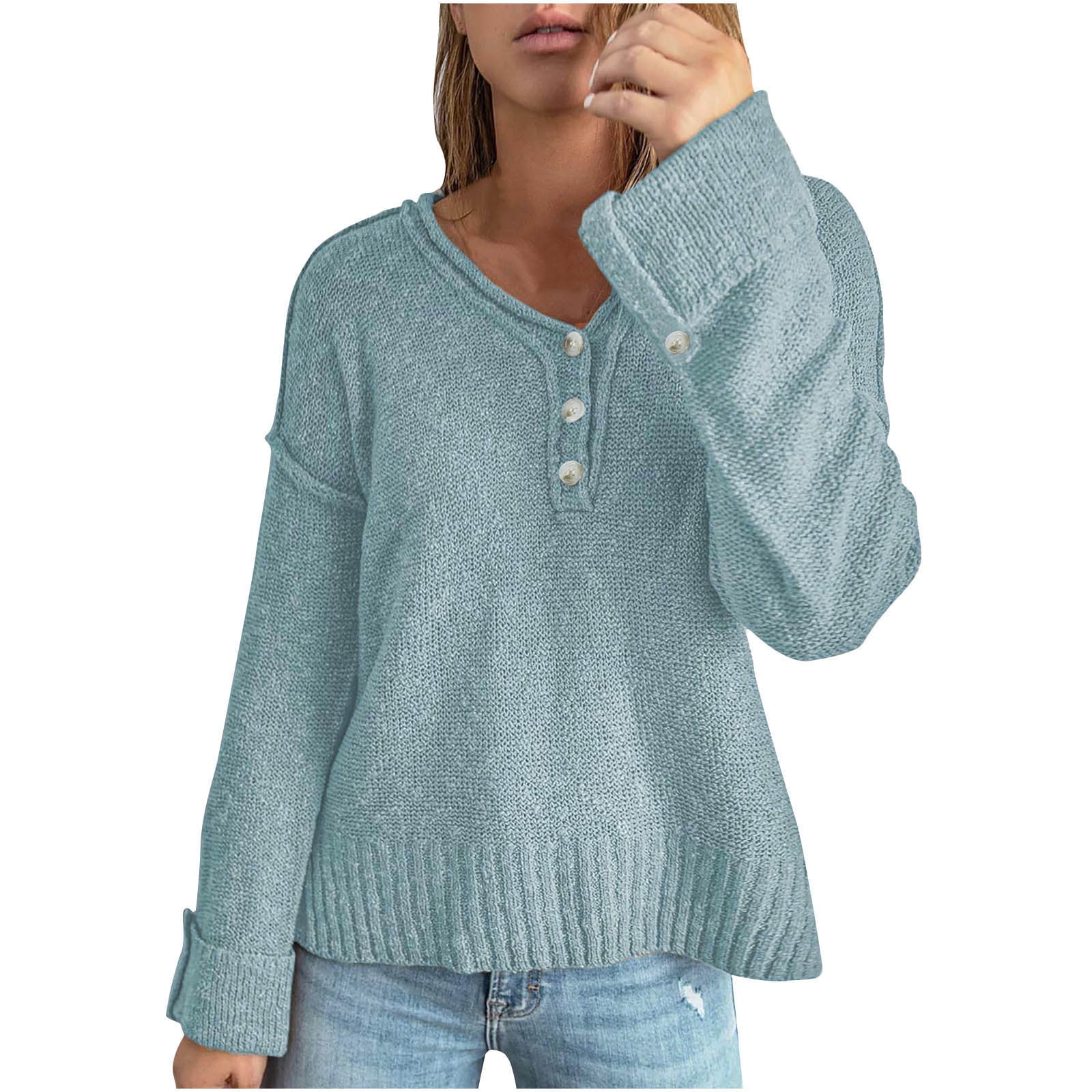 IROINNID Reduced Womens Sweater V-Neck Pullover Sweater Solid Color ...