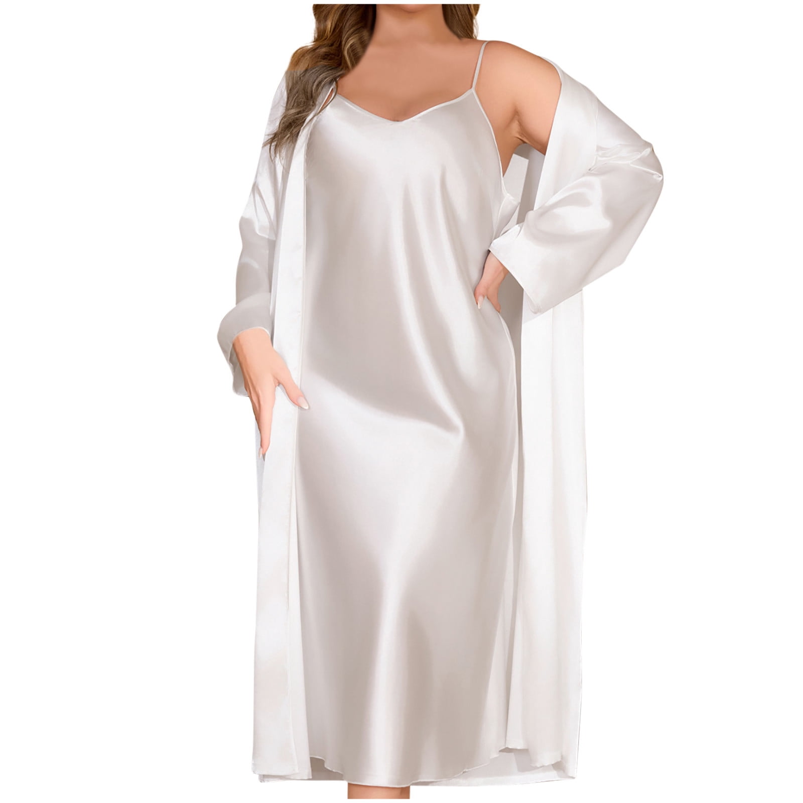 IROINNID Satin Nightgown and Robe Sets for Women 2 Piece Soft V-Neck ...