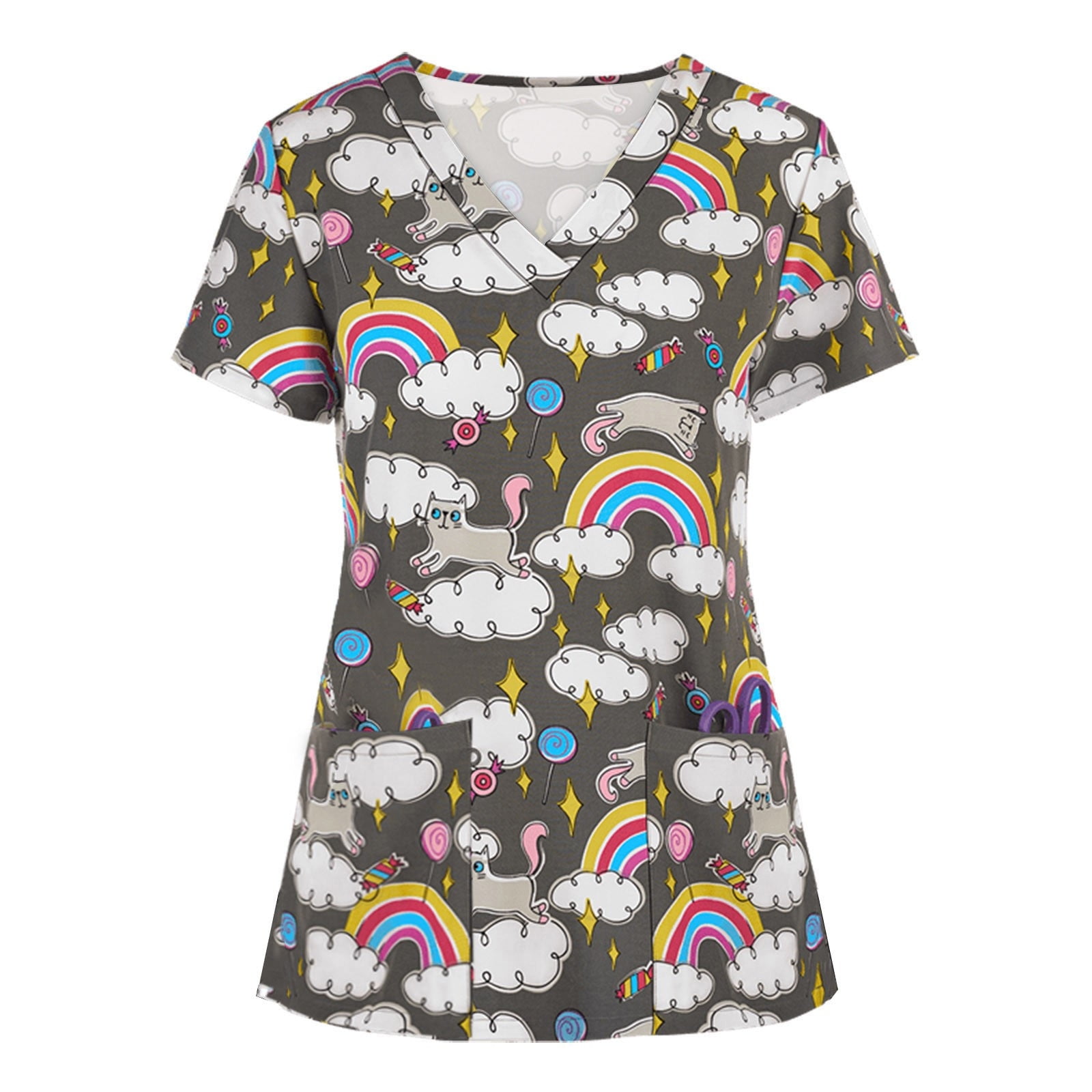 IROINNID Scrub Tops for Women Cute Cat Print V-Neck Tops Working ...