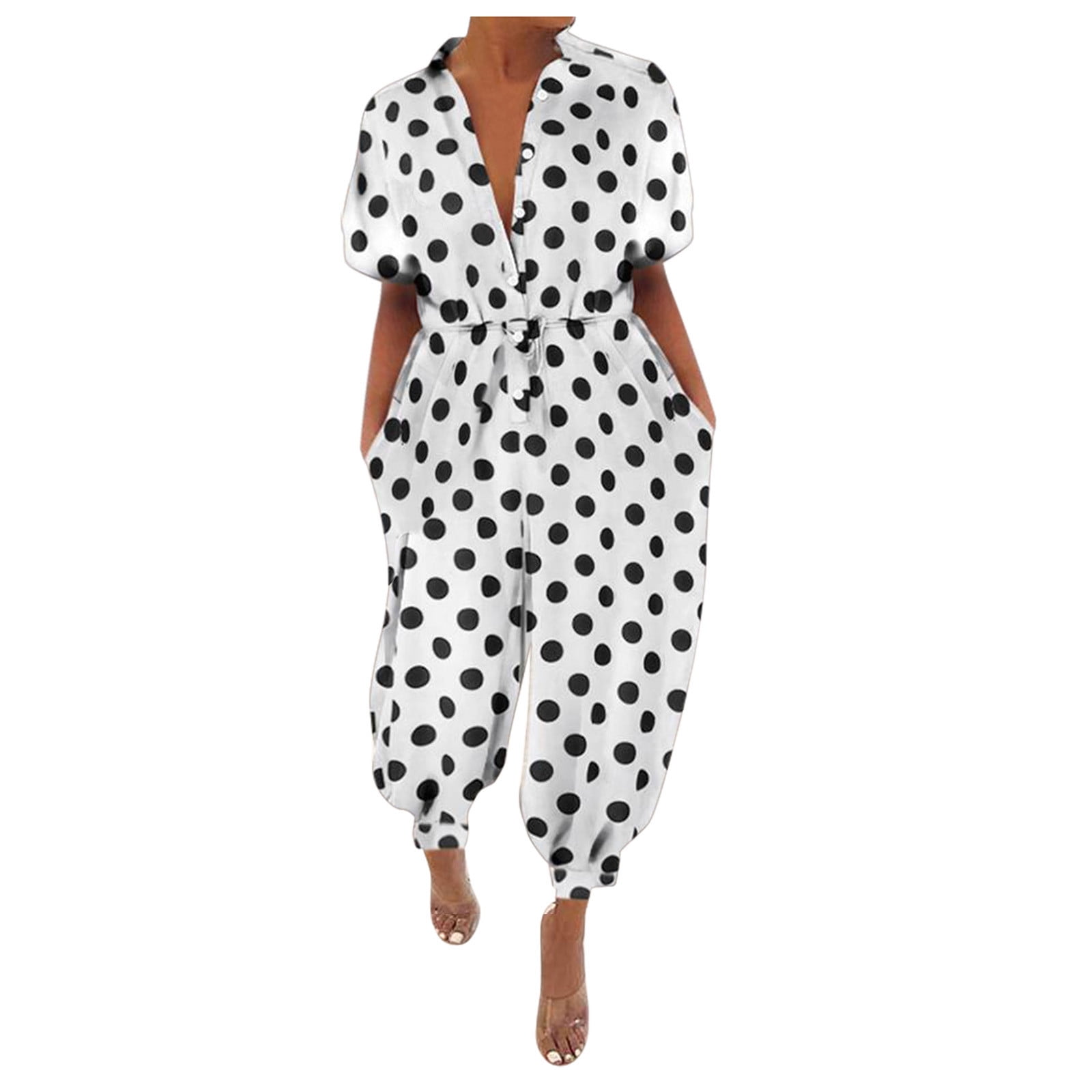 IROINNID Short Sleeve Jumpsuit For Women Full-Length Wave Point Lapel ...