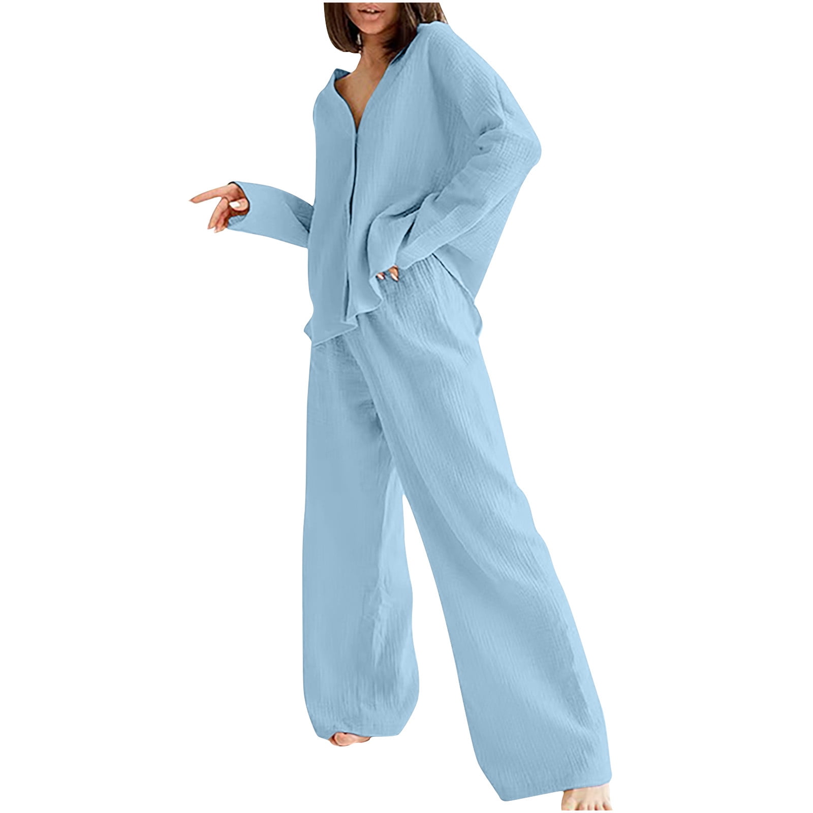 IROINNID Sleepwear Sets for Women Cotton and Linen Double Layer Loose ...