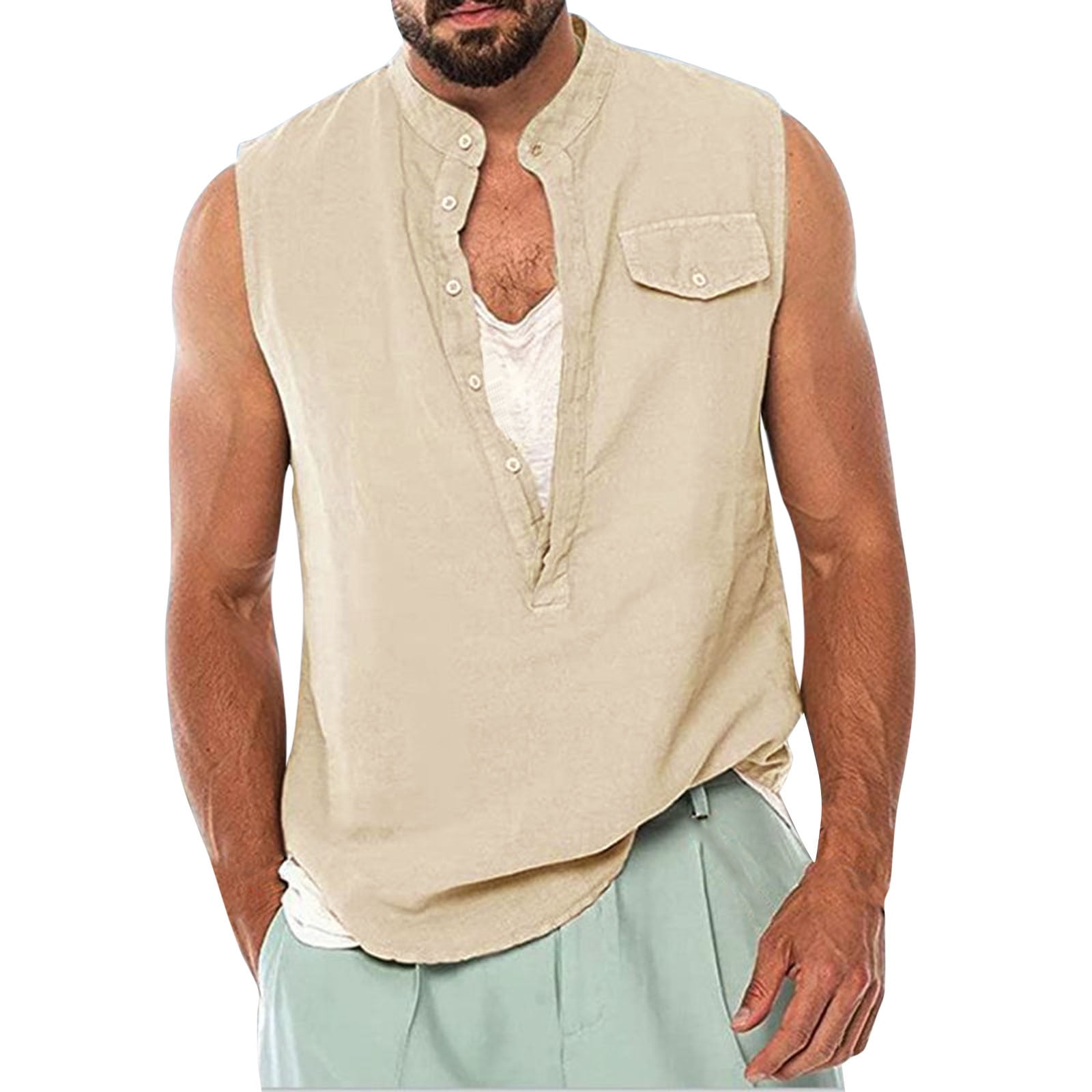 IROINNID V-Neck Work Out Tops For Men Sleeveless Cotton Linen ...