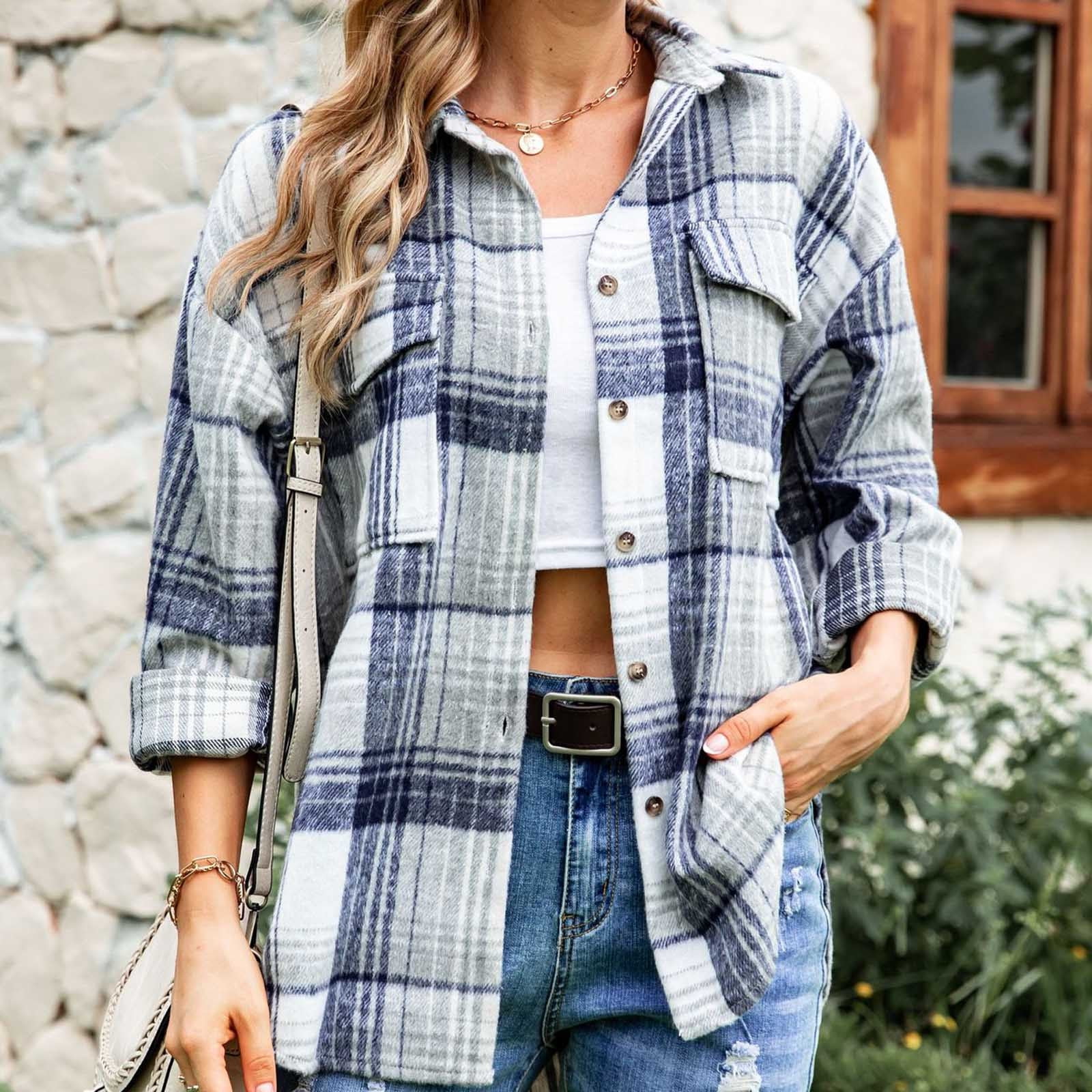 IROINNID Women's Casual Short Jacket Plaid Zip Up Long Sleeve Outwear ...