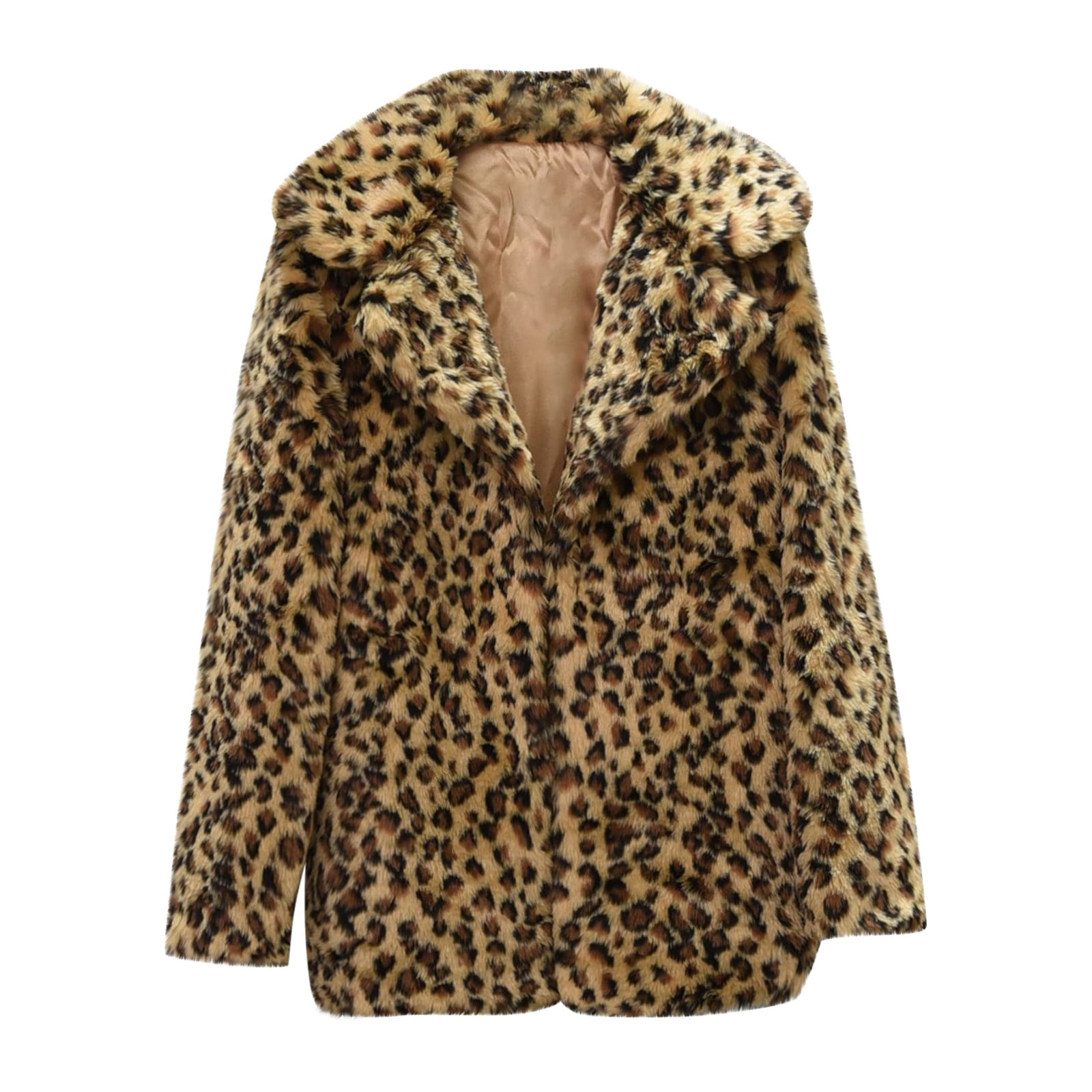 IROINNID Women's Faux Fur Jacket Long Sleeve Leopard Print Notch Lapel ...