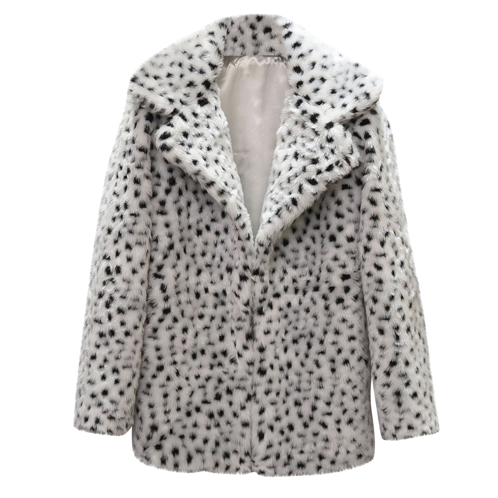 IROINNID Women's Faux-fur Jacket Long Sleeve Leopard Print Notch Lapel ...