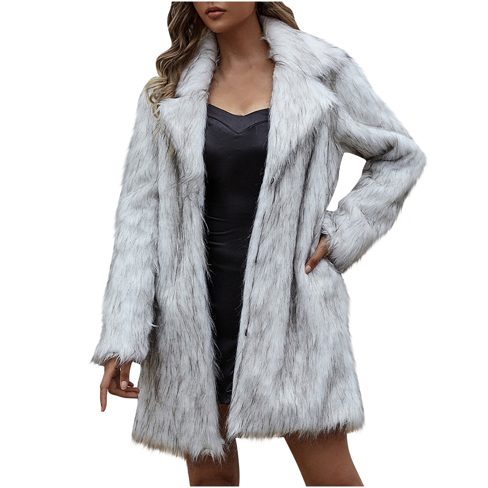 IROINNID Women's Faux-fur Jacket Long Sleeve Solid Color Notch Lapel ...