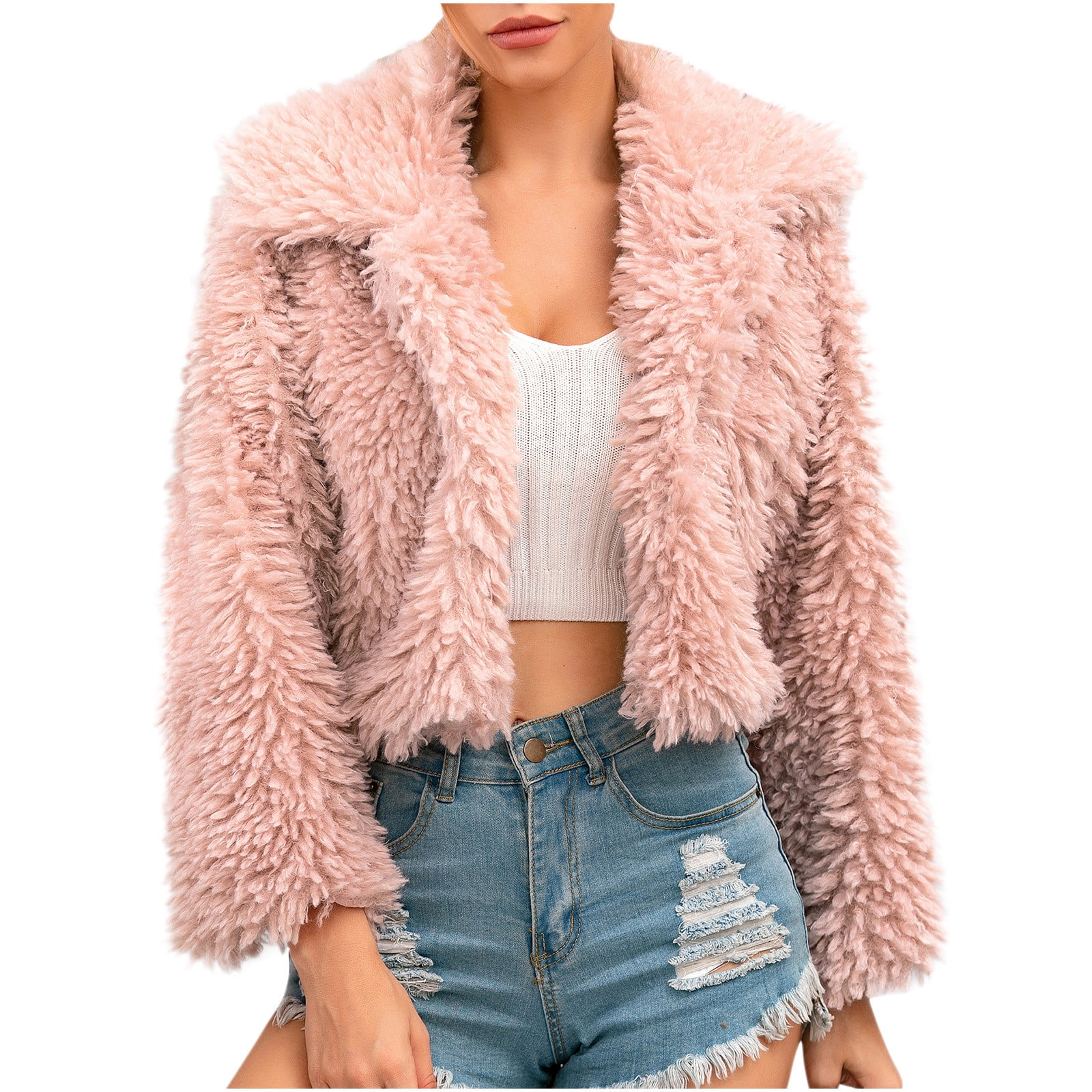 IROINNID Women's Faux-fur Jacket Long Sleeve Solid Color Turndown Lapel Outwear, Loose Winter ...