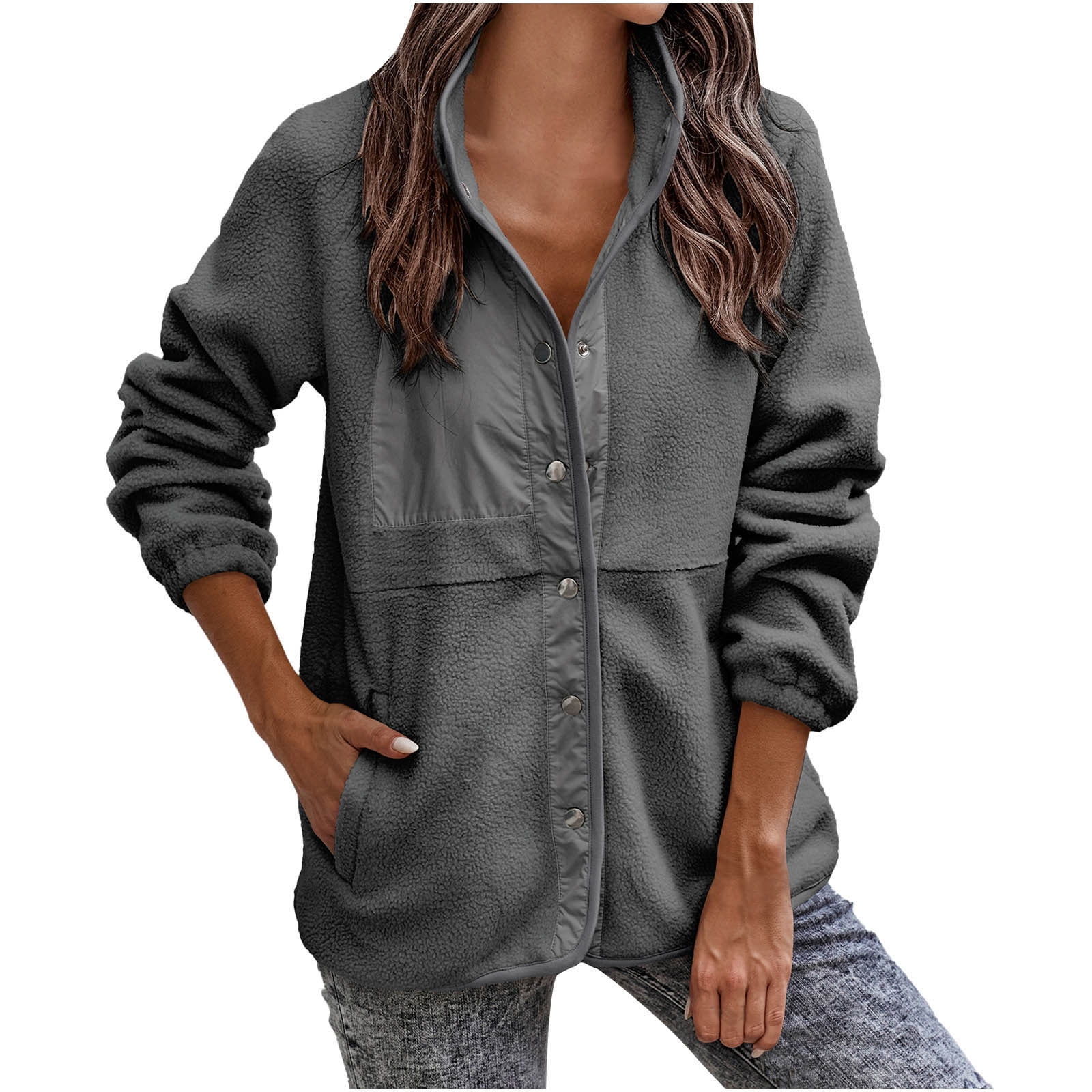 IROINNID Women's Mid-Length Shearing Jacket Solid Color Long Sleeve ...