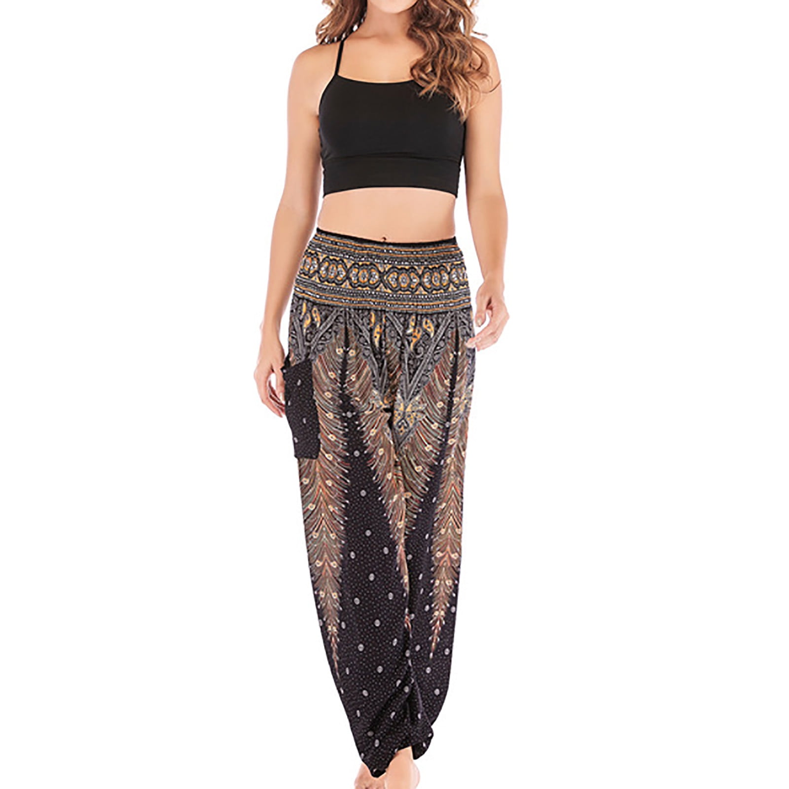 IROINNID Women's Pants Relaxed Print Fashion Casual Hippy Harem Smocked ...