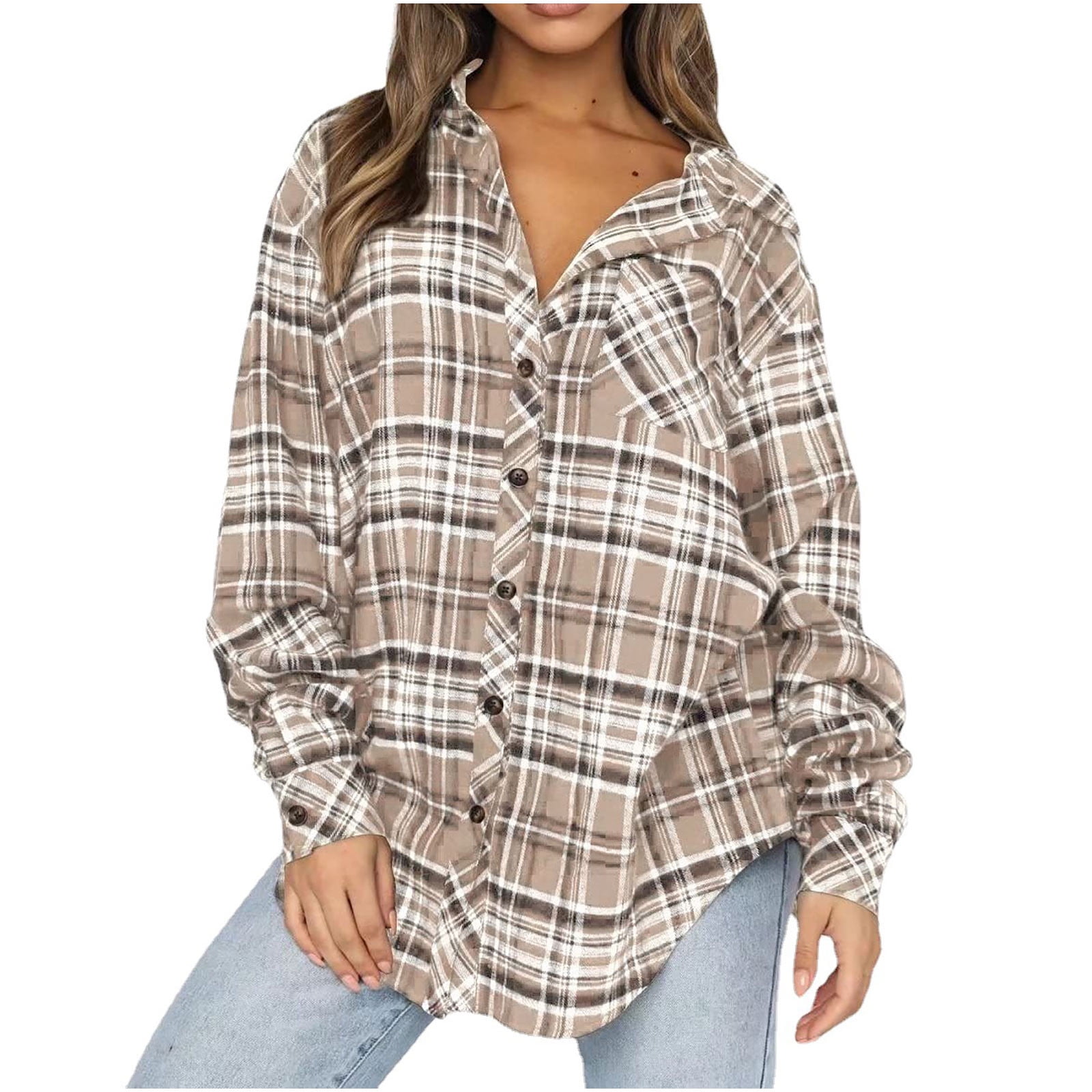 IROINNID Women's Shacket Jacket Long Sleeve Plaid Turndown Lapel ...