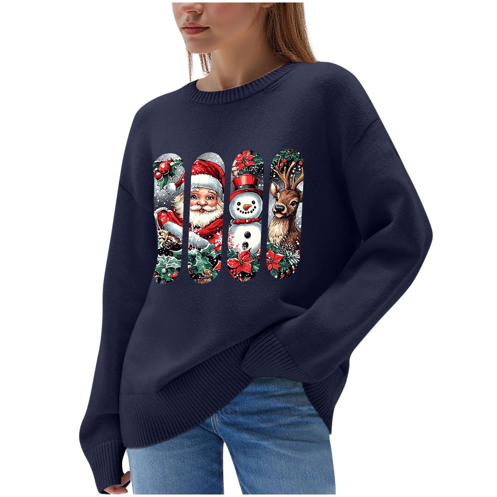 IROINNID Womens Christmas Print Sweater Pullover Long Sleeve Round Neck ...