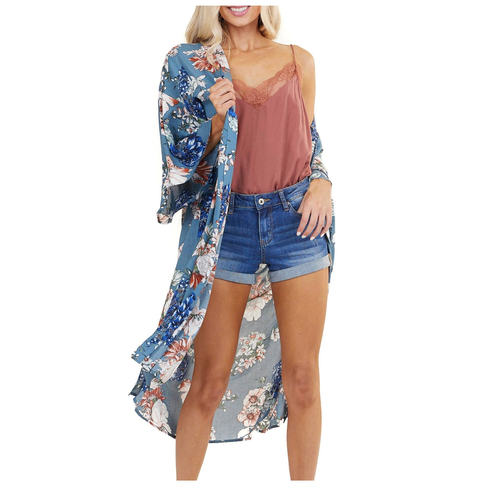 IROINNID Womens Cover Up Cardigan Blue Printed Long Cardigan Swimsuit ...