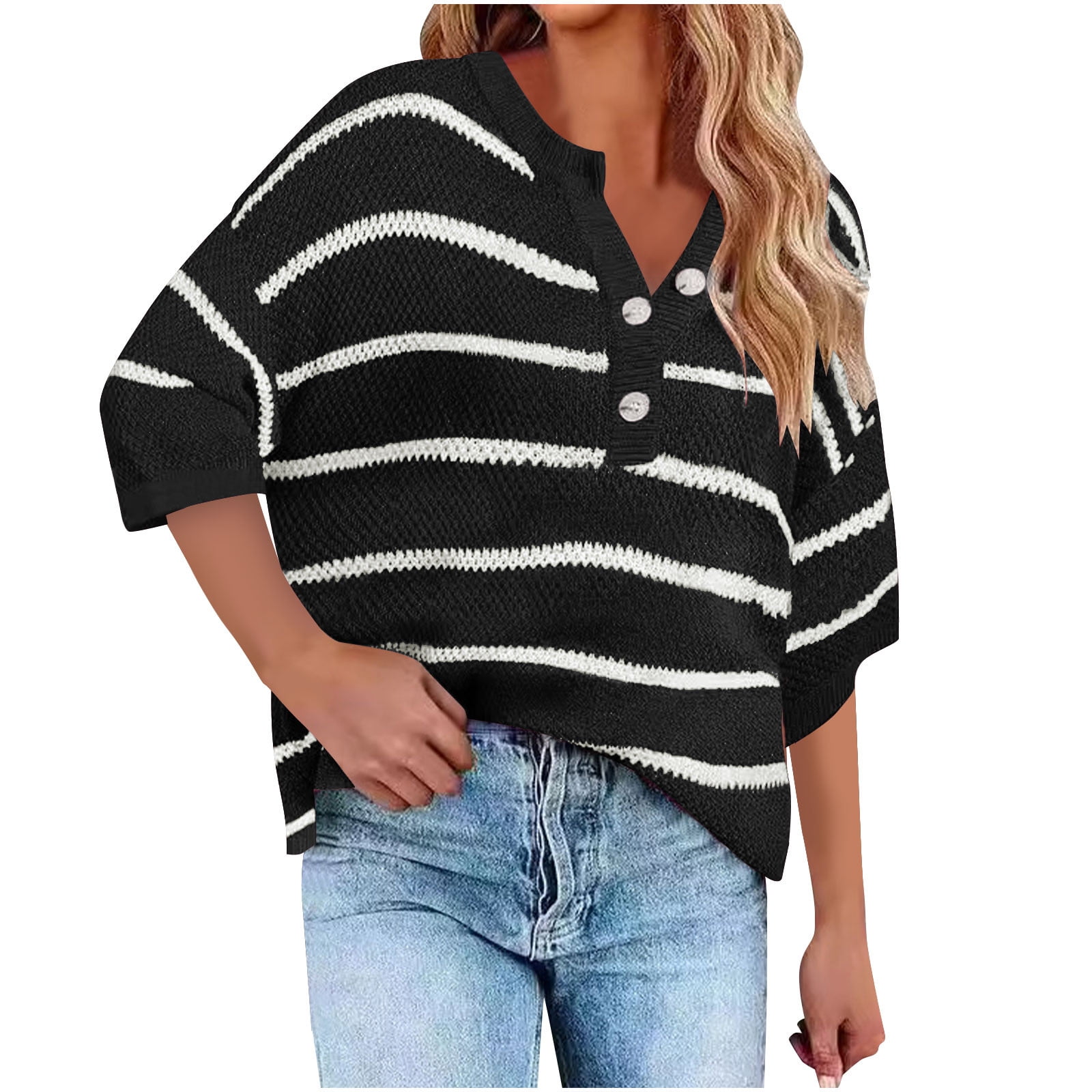IROINNID Womens Fall Striped Knit Sweater Long Sleeve Casual Top Button ...