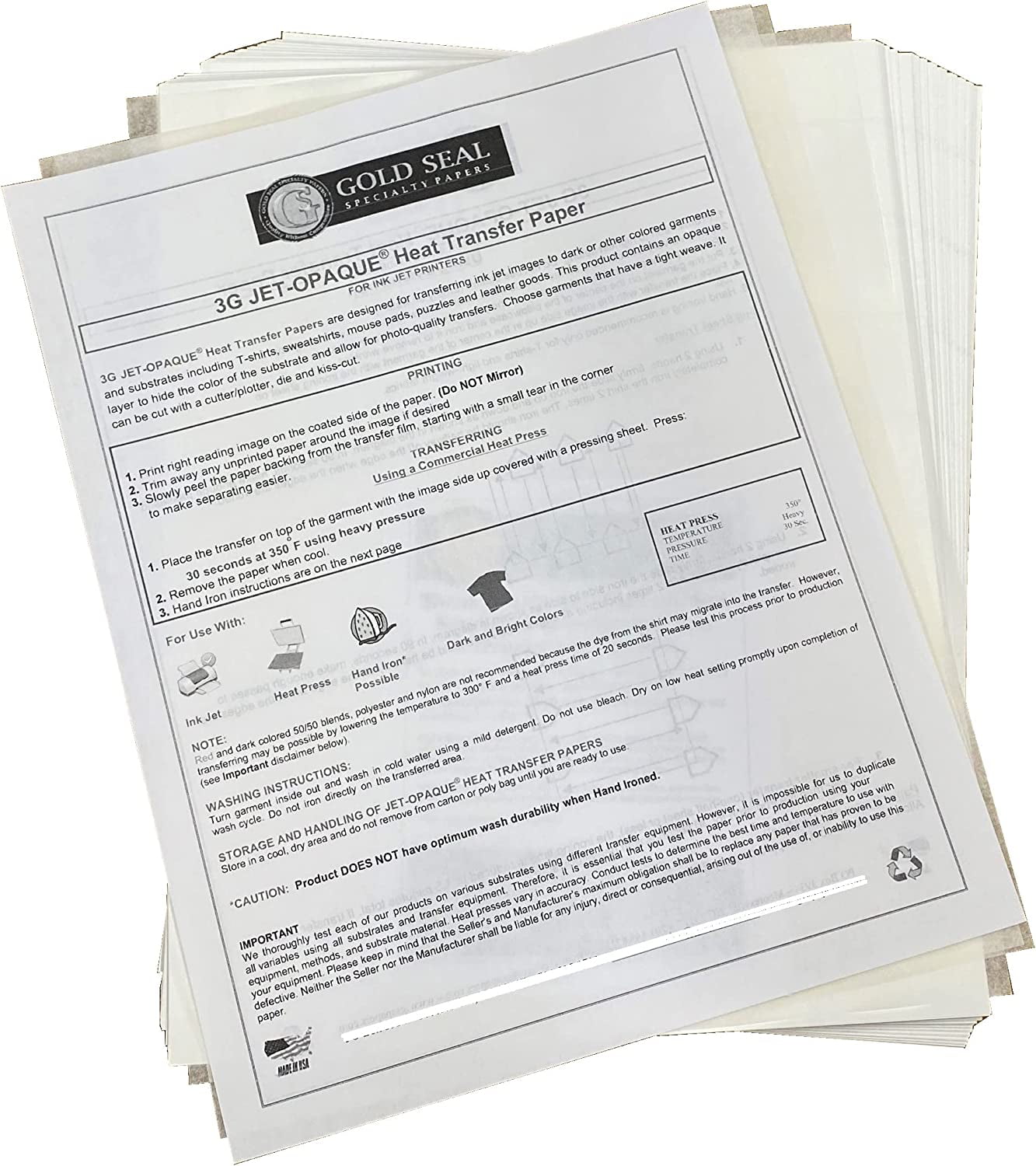 IRON ON HEAT TRANSFER PAPER 3G JET OPAQUE 8.5 x 11" CUSTOM PACK 10 ...