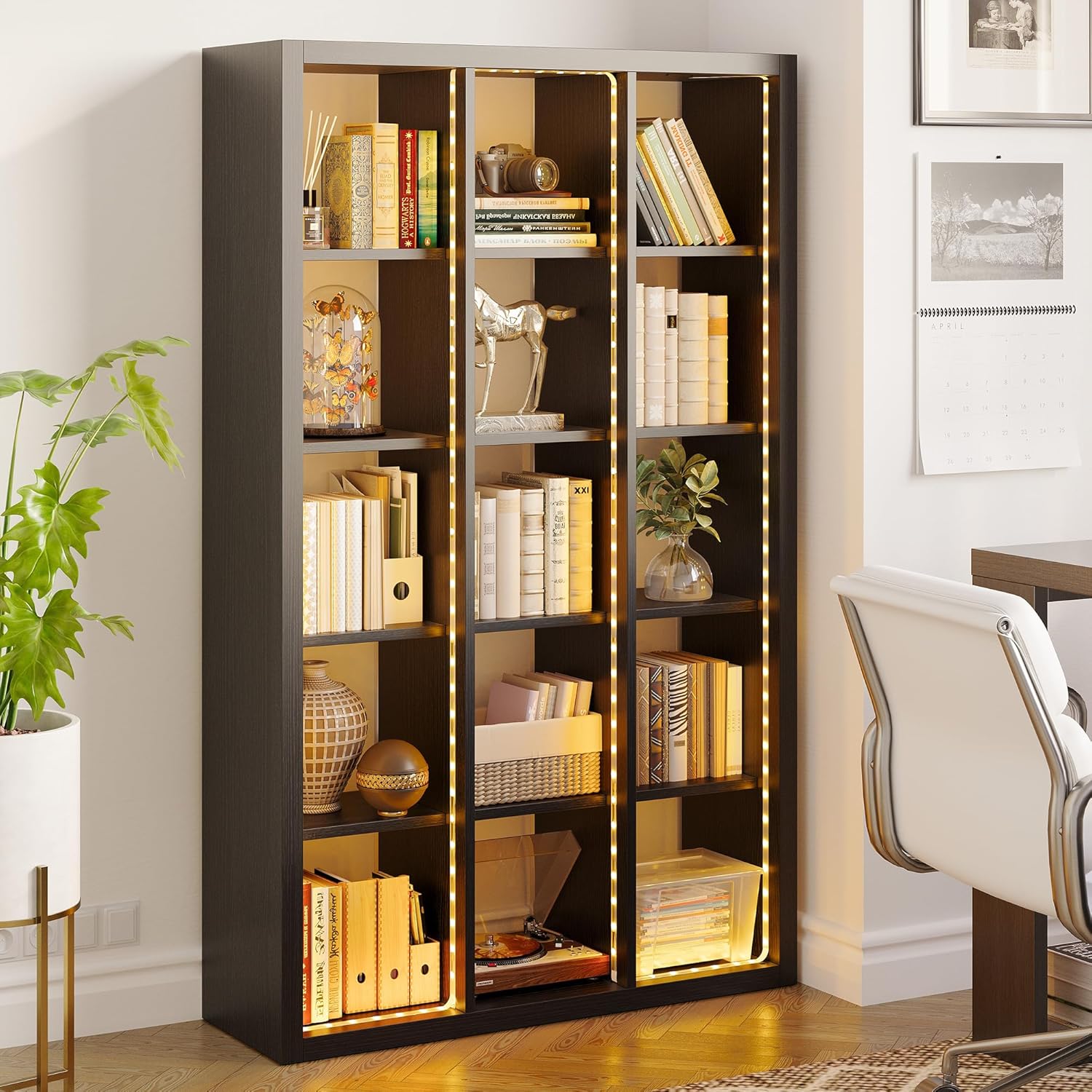 IRONCK 15 Cube Bookcase Storage Shelf Organizer with LED Lights, 5 Tier Bookshelves and ...