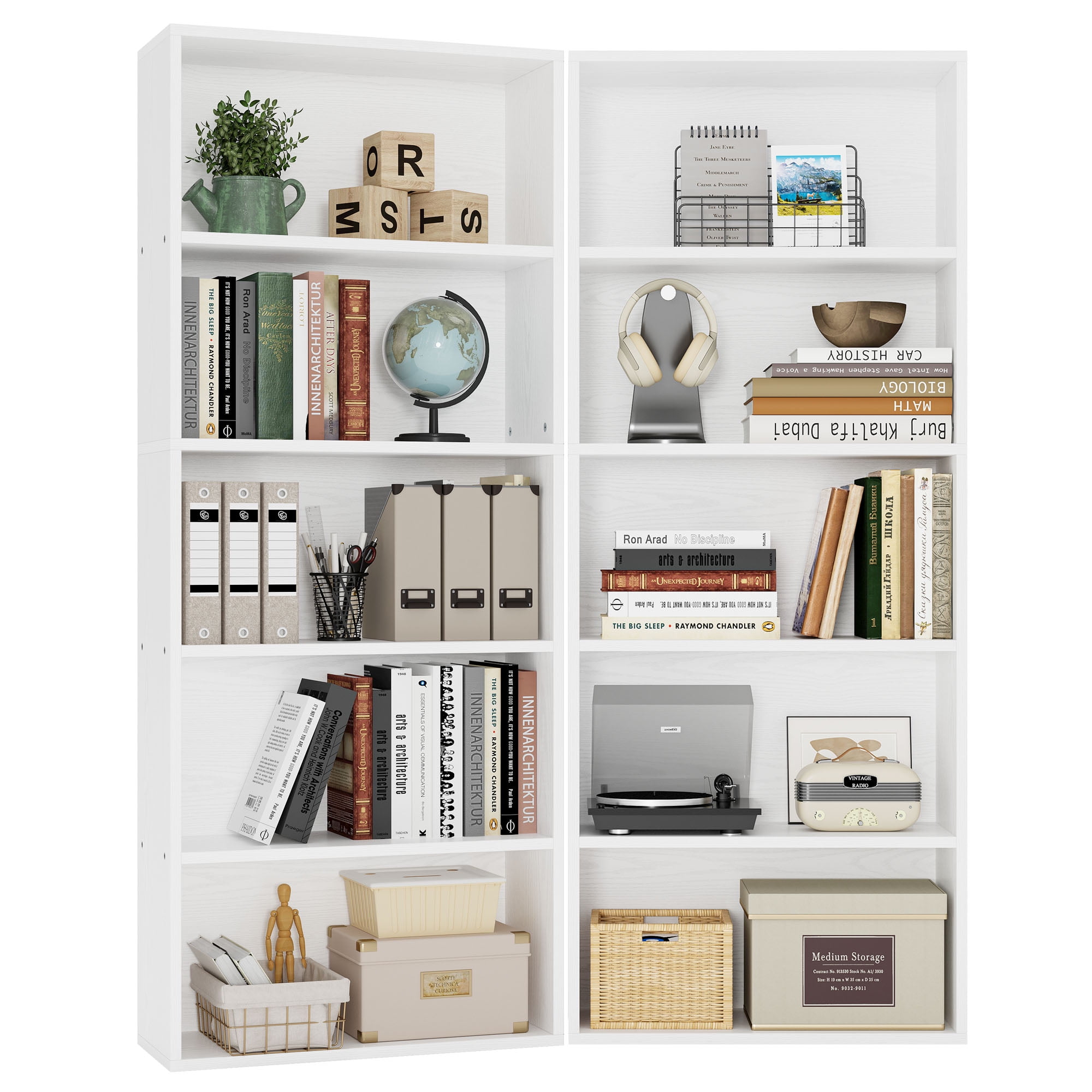 IRONCK 5-Shelf Bookcase, Set of 2 Free Standing Wood Bookshelf for Home ...