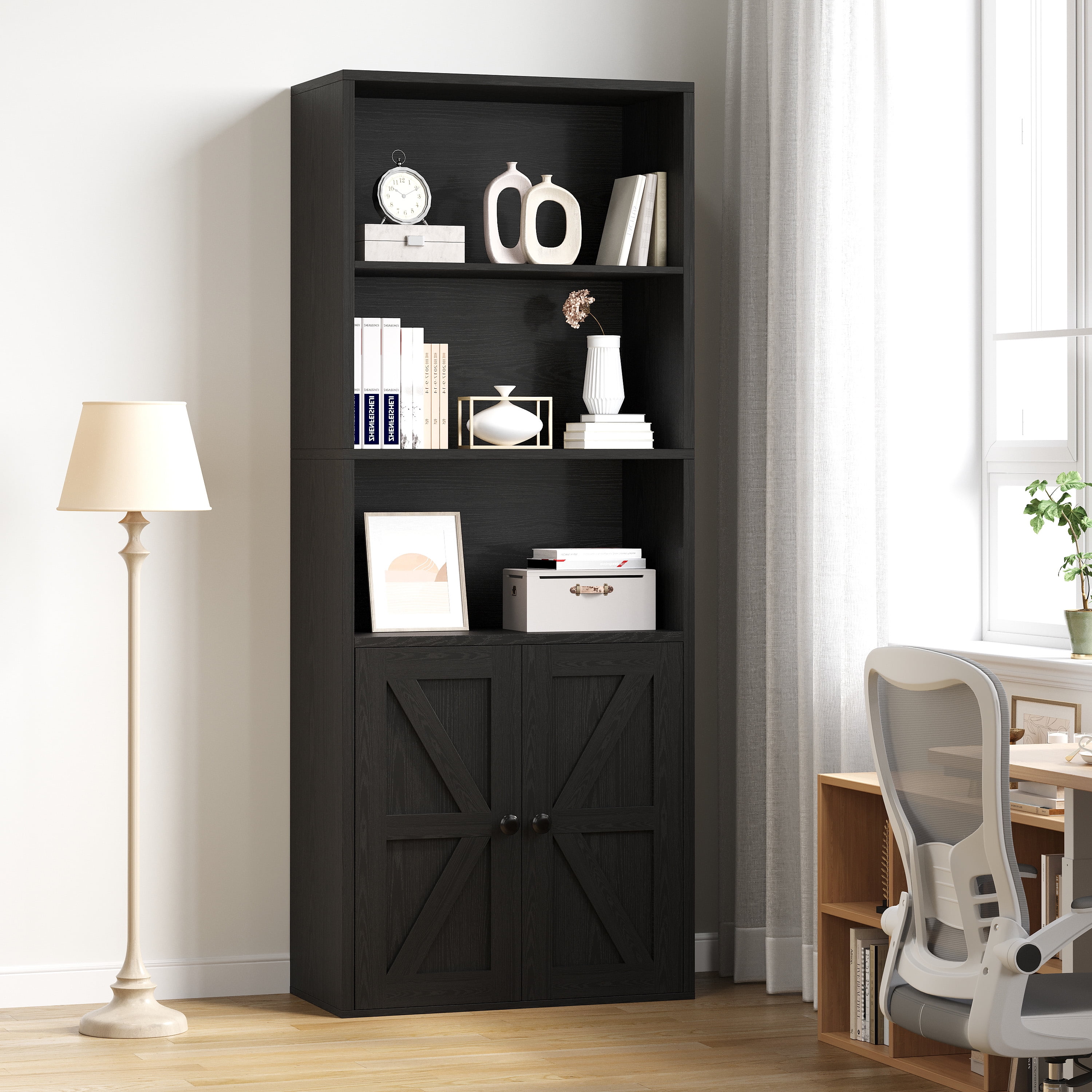 IRONCK 5 Shelf Bookcases with Doors, Farmhouse Storage Cabinet for Home ...