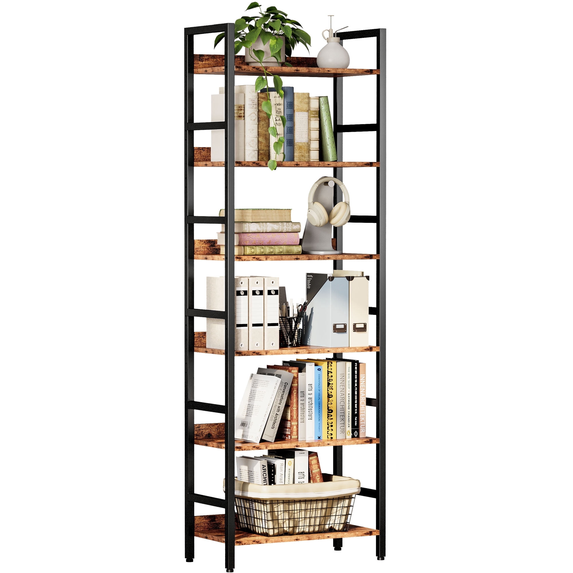 IRONCK Tall Bookshelf, 6 Tiers Metal and Wood Open Bookcase，Brown ...