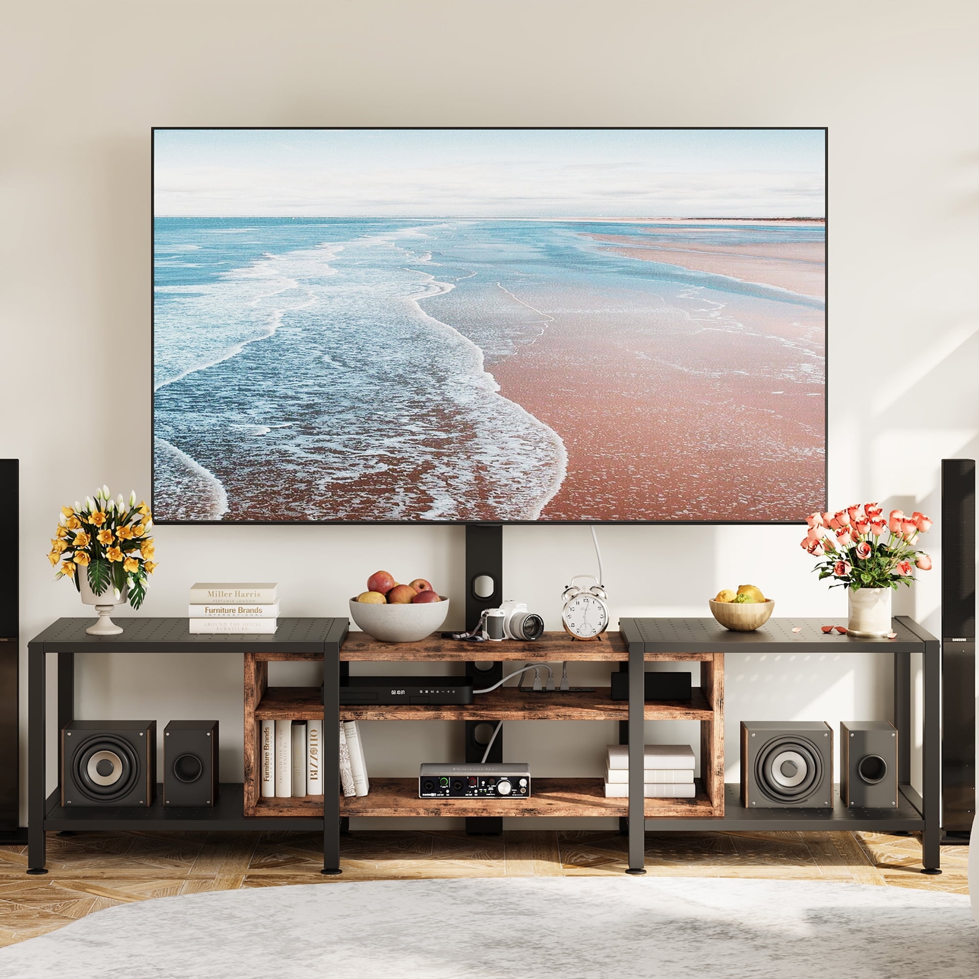 IRONCK 79-Inch TV Stand for TVs up to 85 Inch, Vintage Brown with Mount ...