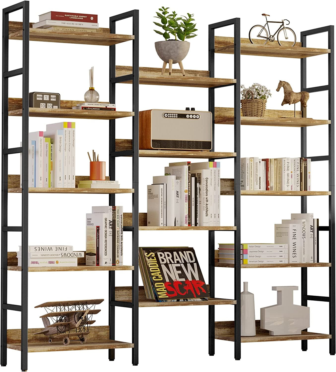 IRONCK Bookcases and Bookshelves Triple Wide 5 Tiers Industrial Bookshelf with Baffles Large ...